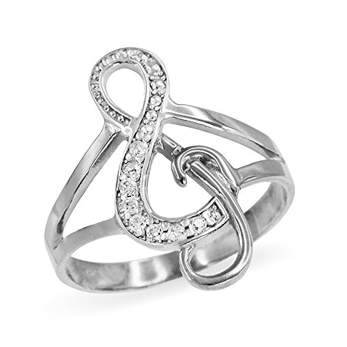Treble G-Clef Music Note CZ Ring in Polished 925 Sterling Silver (Size 6)