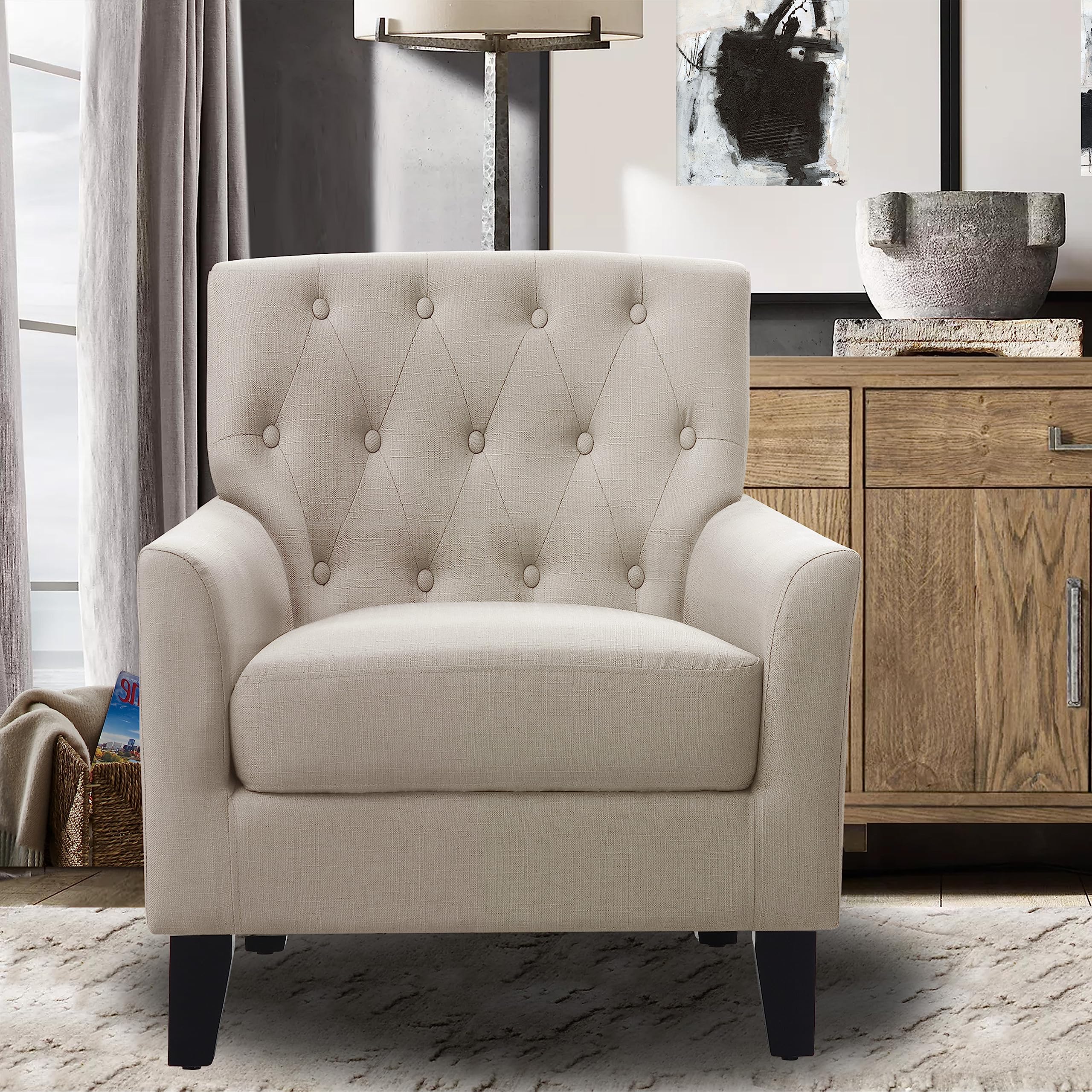Rosevera Rylee 30”Accent Fabric Upholstered Arm Tufted Comfy for Reading in Bedroom,Living Room, Sofa Chair,Armchair for Small Space,Wood Legs, Standard, Beige