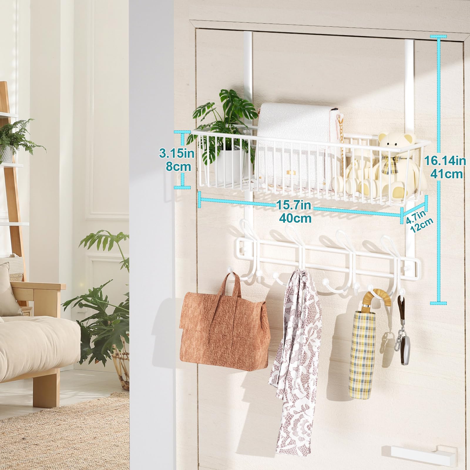 Over The Door Hooks Organizer,Door Hanger Door Storage with Basket,Over The Door Towel Rack Coat Hooks with 12 Hooks,for Bathroom,Bedroom,Kitchen,Office,Apartment(White)