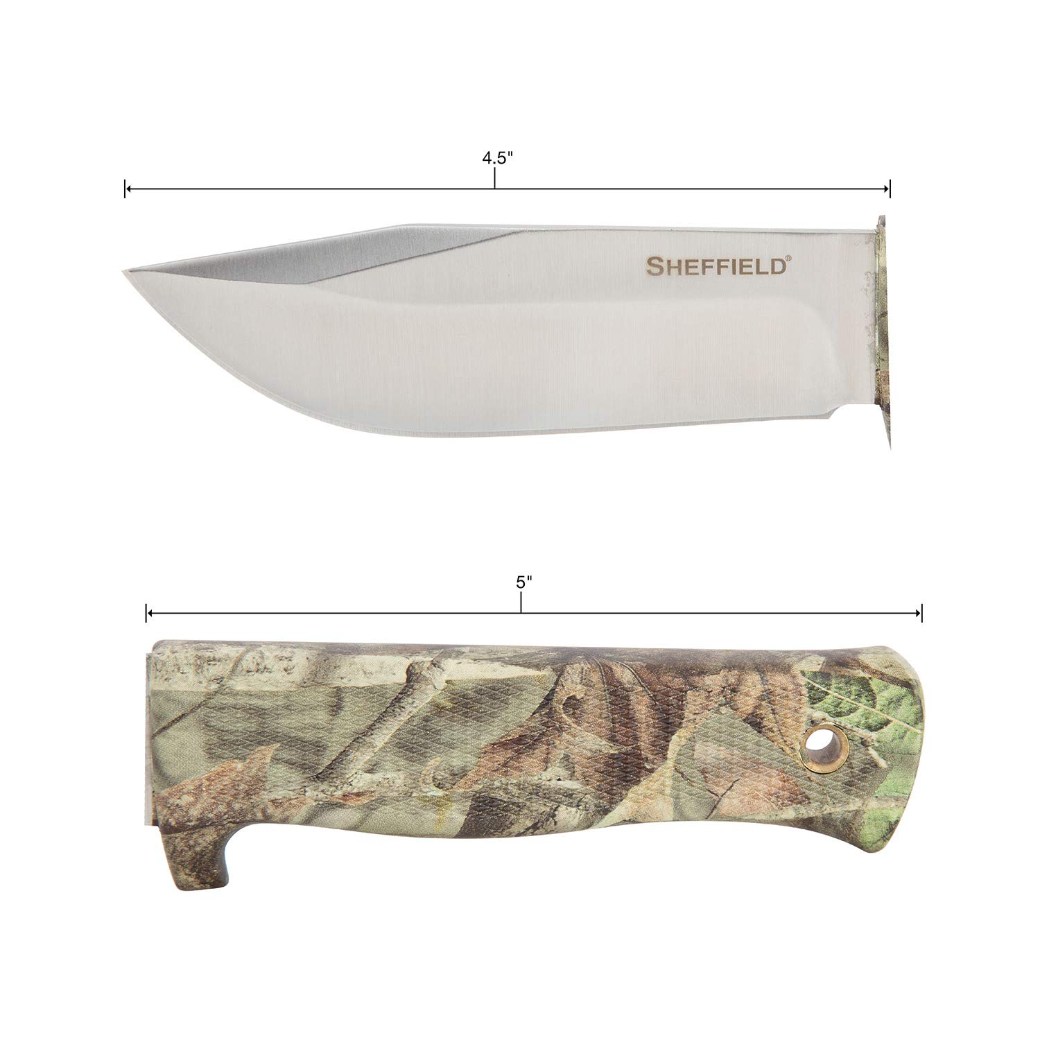 Sheffield 12185 Bax Camo Fixed Blade Hunting Knife with 4.5 Drop Point Blade, Full Tang, Camouflage Slip-Resistant Handle, For Skinning Game, Camping, Defense, & More
