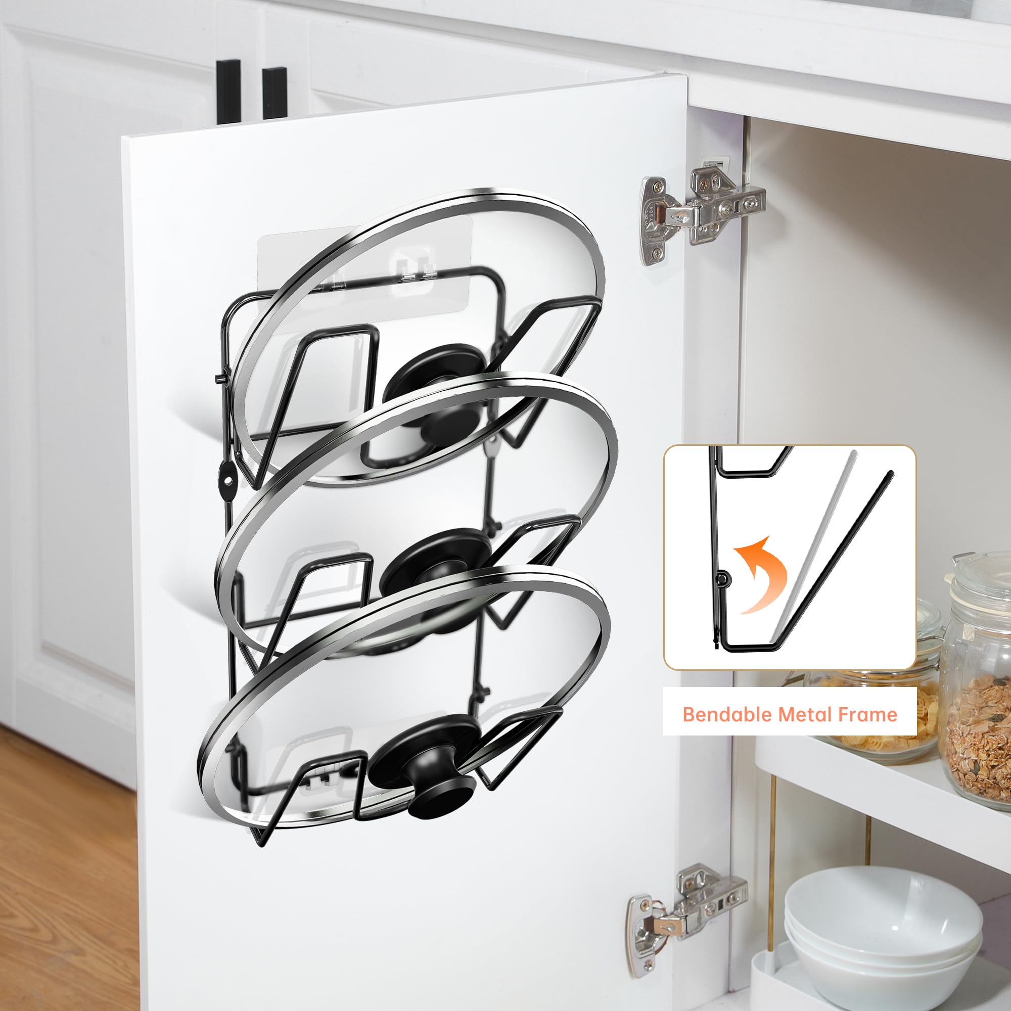 YIGII 6 Tier Pot Lid Organizer/Pot Lids Holder, 2 Pack Pot Lid Rack No Drilling Lid Rack for Cabinet Door or Wall Mounted, for Kitchen Pots And Pans Cover Storage, Black