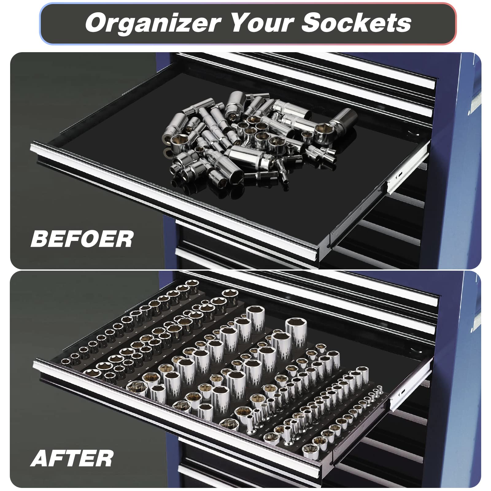 Socket Organizer Set, 6PCS Socket Holder for Metric and SAE 1/2'', 3/8'' and 1/4'' Sockets with Accurate Hole Size, Suitable for Toolbox and Tool Cart Socket Storage (EVA foam, Sockets not included)
