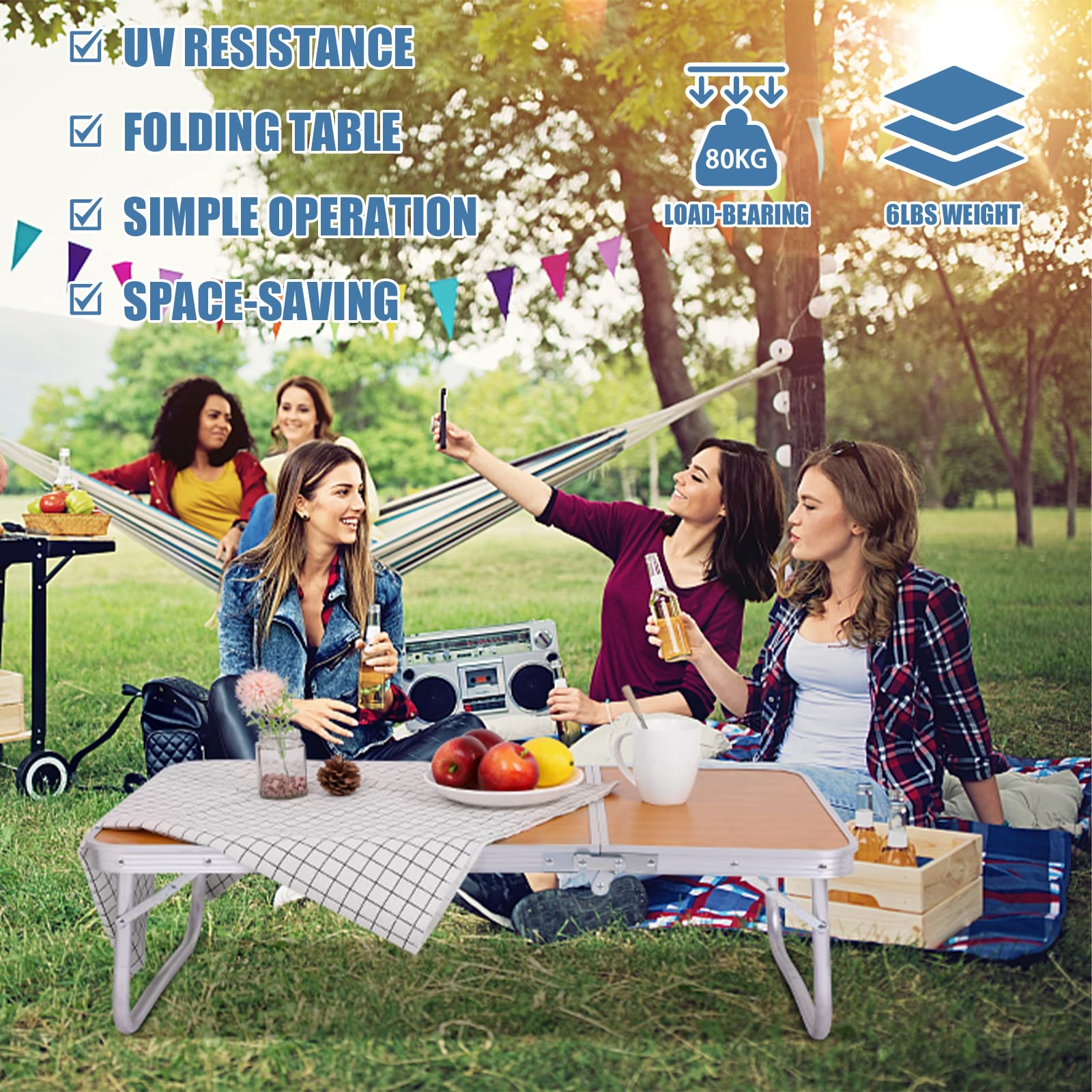 sorliva Folding Camping Table, Portable Picnic Camping Table Bed Table with Carrying Bag, 3-Fold Lightweight Folding Table for Outside Picnic Garden Cooking BBQ Fishing Beach Table