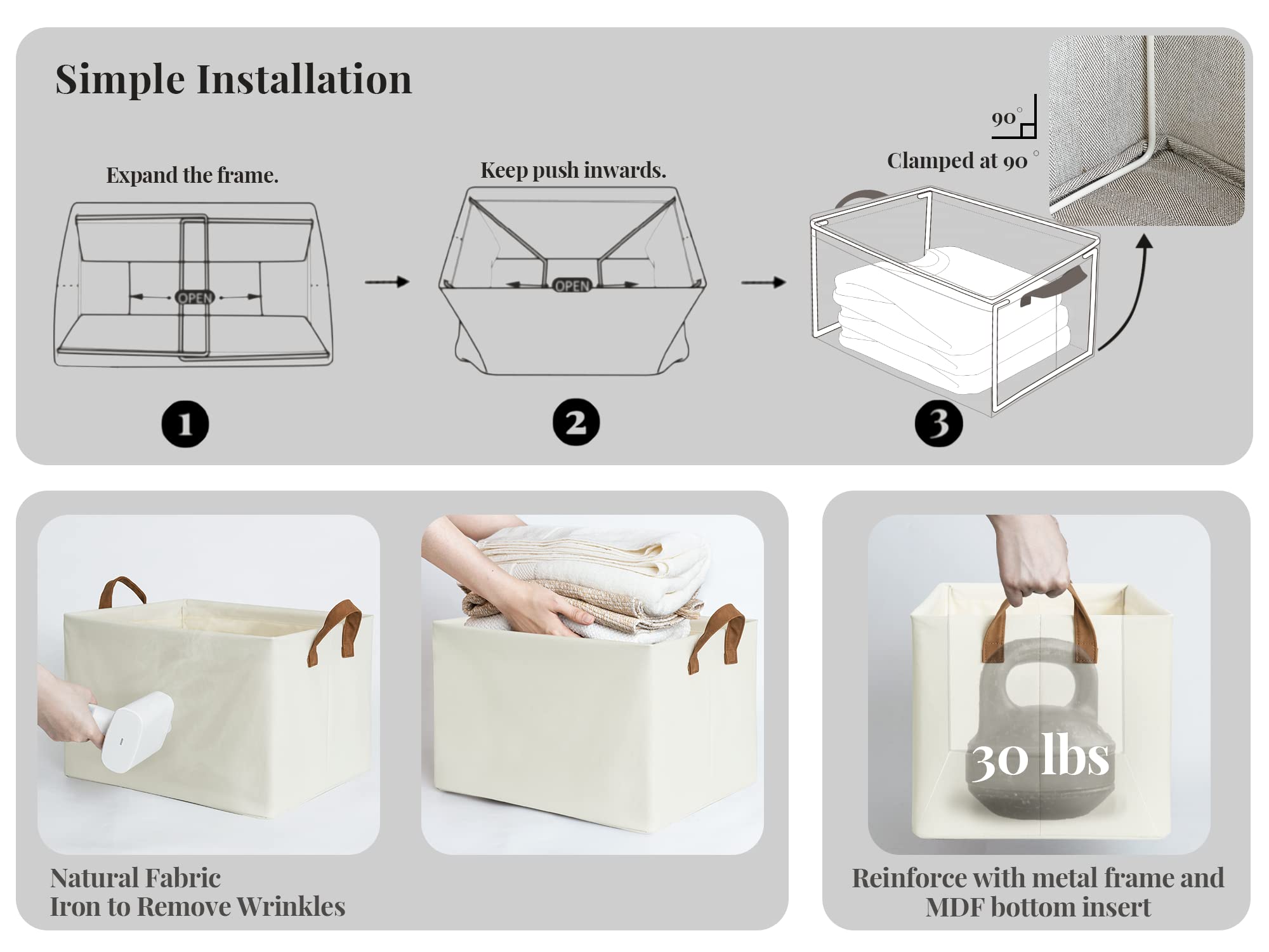 StorageWorks Storage Bins For Shelves With Metal Frame and Fabric Storage Box with PU Handles