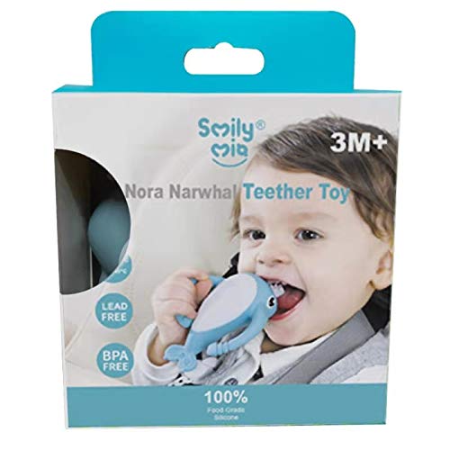 Smily Mia Nora Narwhal Soft Silicone Teething Toy/Toothbrush with Two Handles for 3M+ Babies Teething Pain Relief, Blue