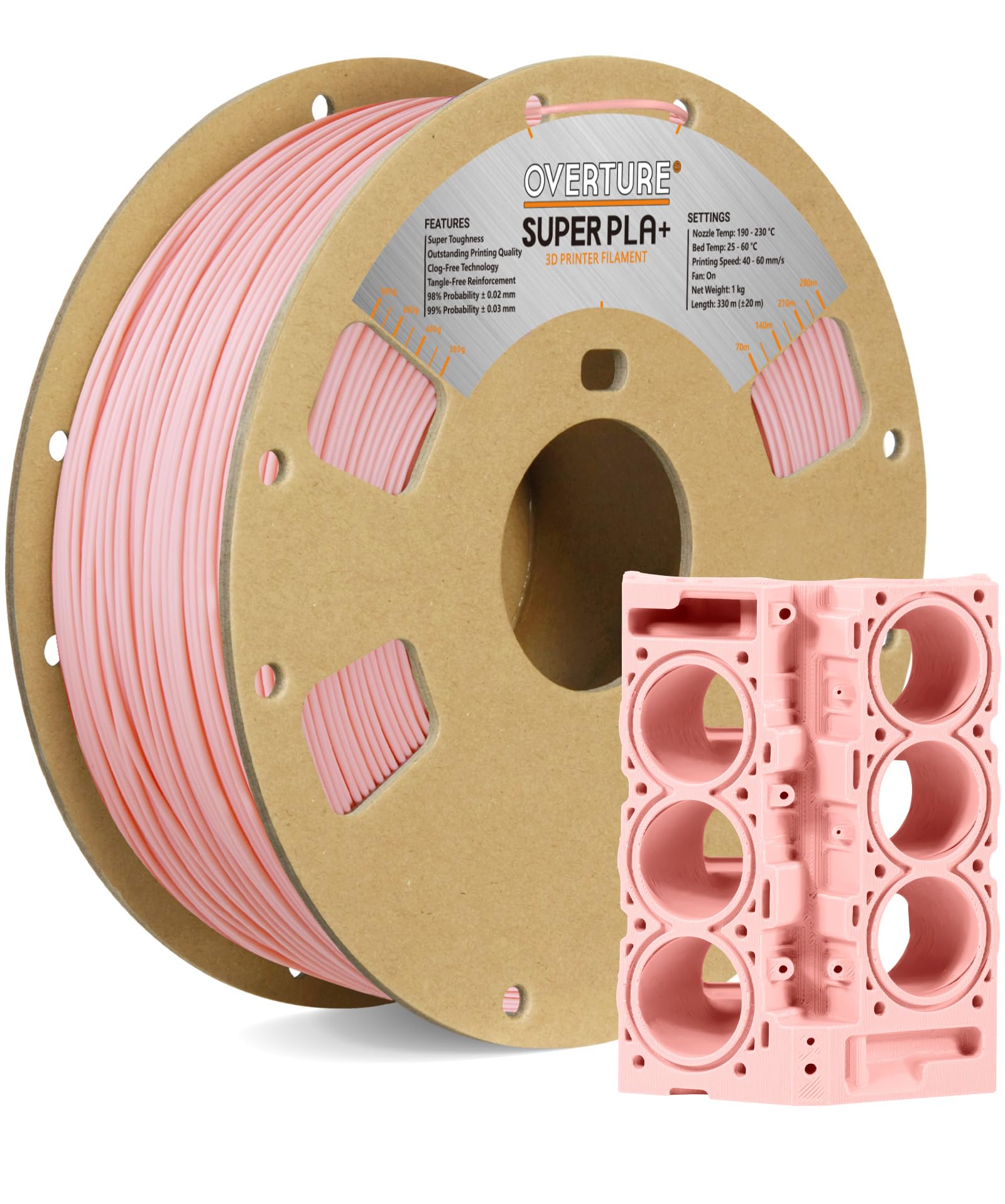 OVERTURE Super PLA+ Filament 1.75mm, Toughness Enhanced PLA Plus, Cardboard Spool, 1kg Filament (2.2lbs), Dimensional Accuracy +/- 0.02 mm (Sakura Pink)
