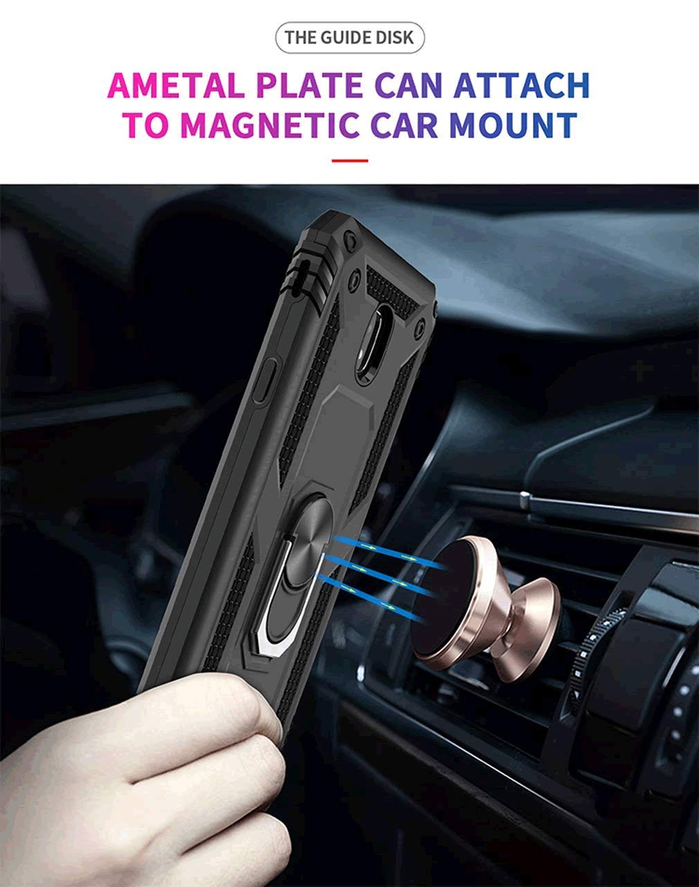 TJS Phone Case Compatible with Samsung Galaxy J2 Core/J2 2019/J2 Pure/J2 Dash/J2 Shine, Impact Resistant Metal Ring Magnetic Support Heavy Duty (Black)