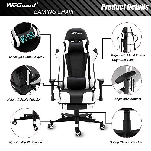WeGuard Massage Gaming Chair Racing Office Computer Game Chair Swivel Ergonomic Executive PU Leather Chair with Adjustable Headrest and Lumbar and Support Retractable Footrest (White)