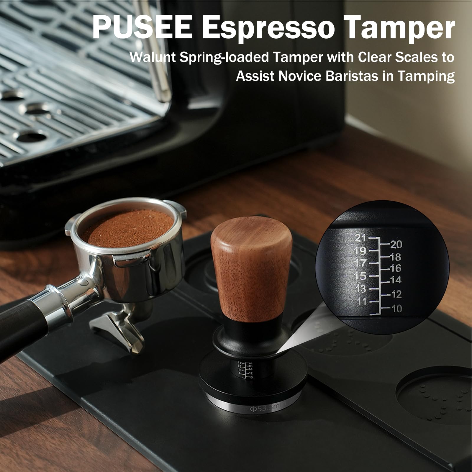 PUSEE 53.3mm Espresso Tamper, Calibrated Tamper with 30lbs Double Spring Loaded Tamper Walnut Wood Coffee Tamper for Barista Home,Stainless Steel Base Tamper Espresso Tool Fits 54mm Portafilters