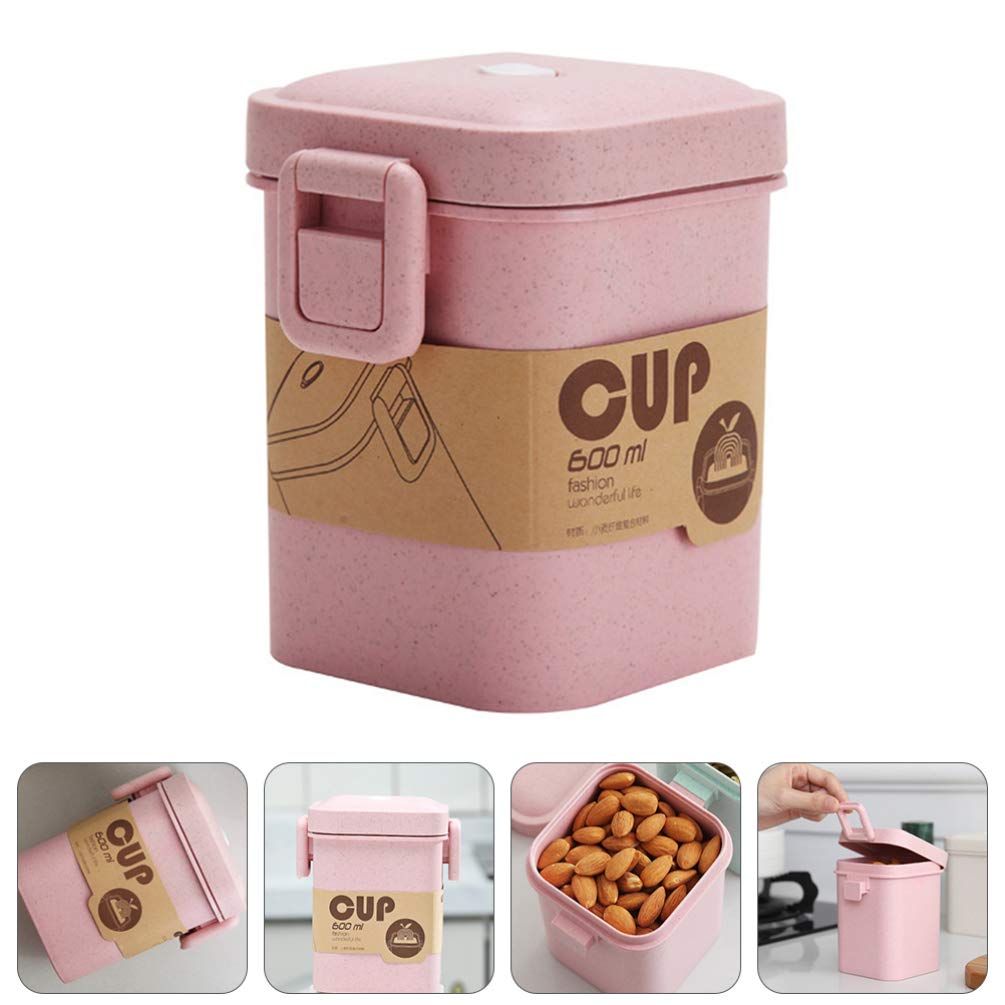 YARDWE Microwave Breakfast Cup Sealed Insulated Food Jar: Microwave Soup Mug with Lid 600ml Pink Square Wheat Straw Cereal Cup with Cover Spill Proof Soup Travel Container