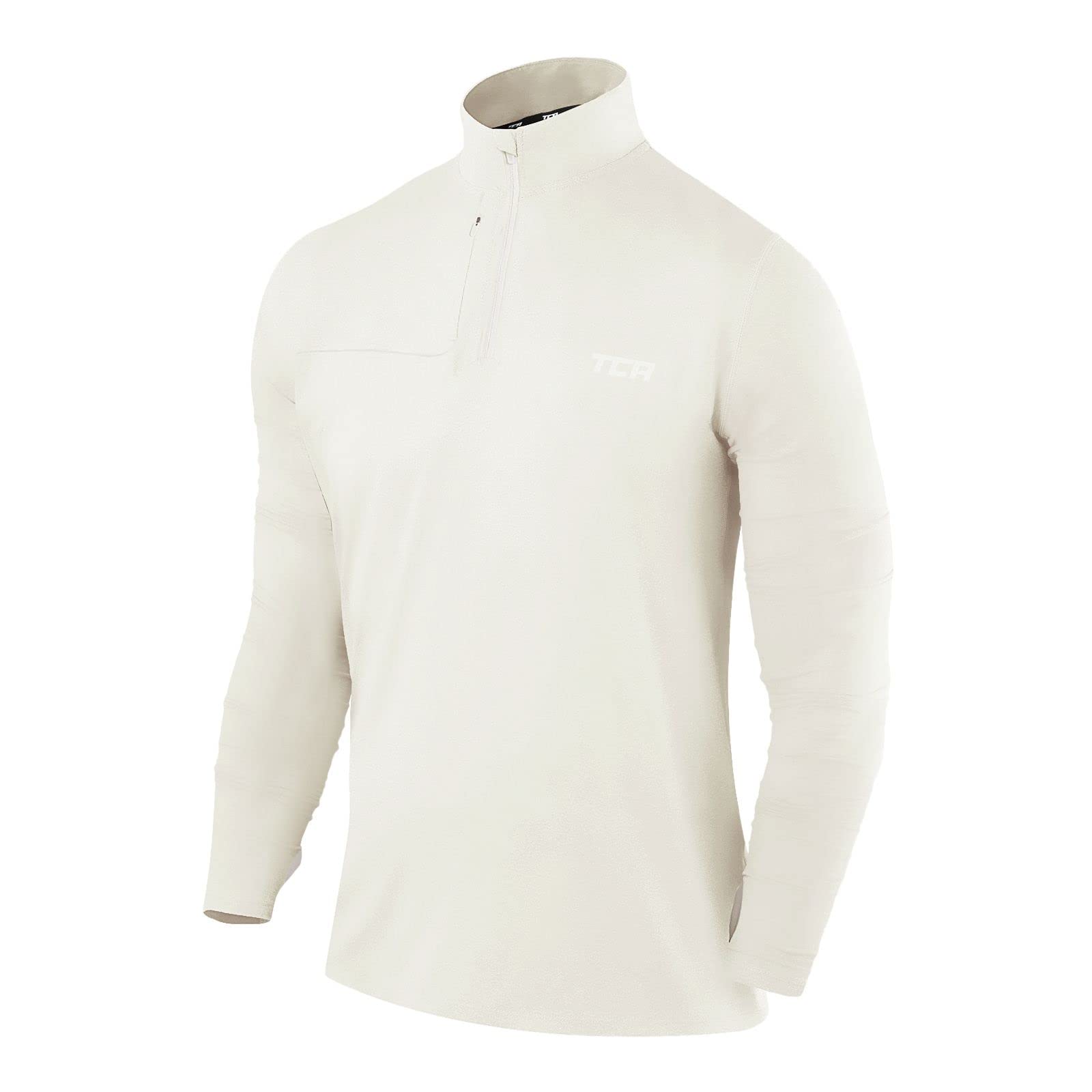 TCA Men's Fusion Pro Quickdry Long Sleeve Half Zip Running Shirt β Athletic Workout Pullover with Pocket & Thumb Holes- Cloud White, Medium
