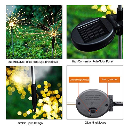 Solar Firework Lights, Vislone Outdoor String Lights Solar Garden Decorative Lights Lawn Lamp with 2 Lighting Modes Flexible Twistable IP65 Waterproof for Yard Garden Patio Home Party Decoration