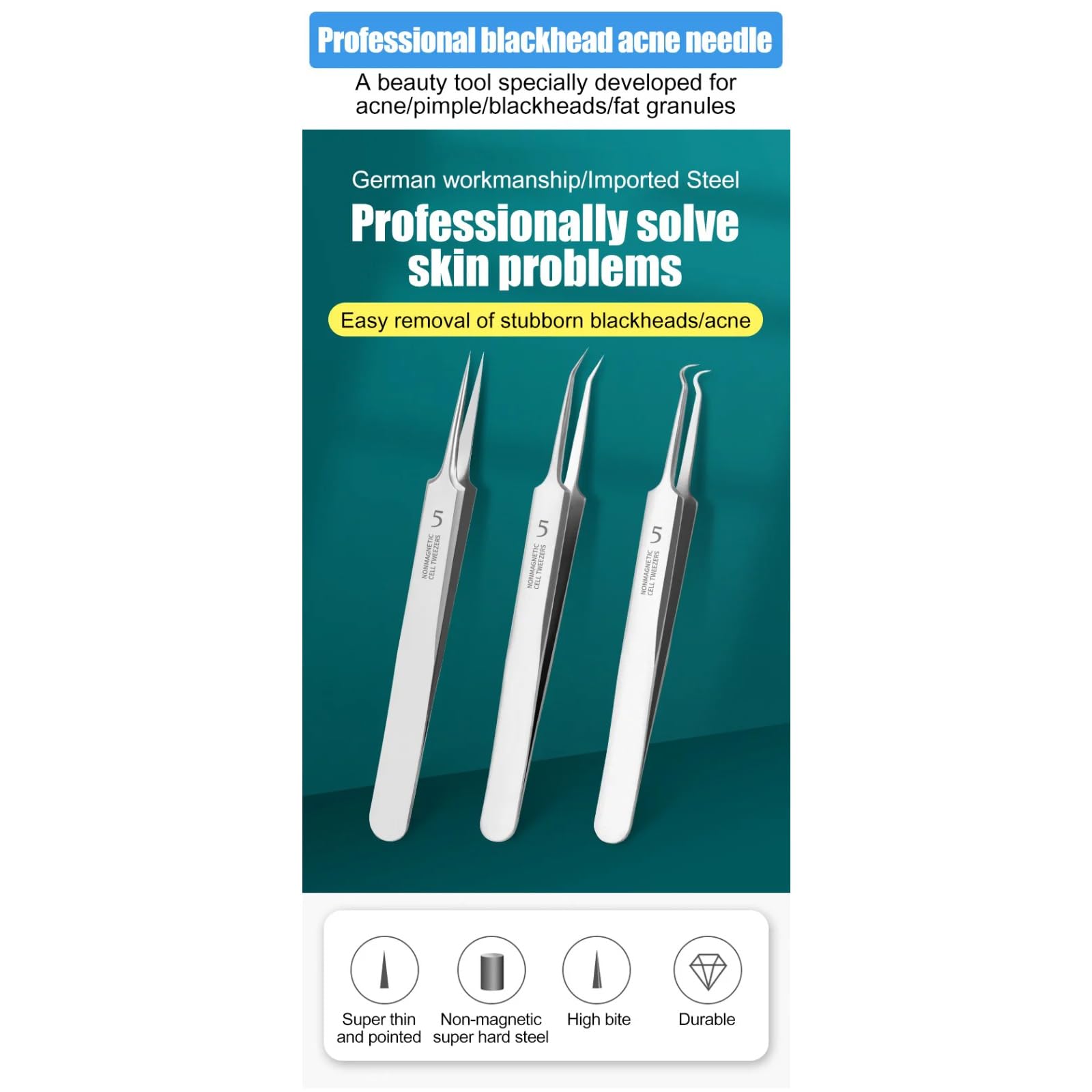 Professional Facial Blackhead Remover Tweezer 3 Pcs Set Precision Face Tool Kit for Whiteheads Stainless Steel Makeup Tools