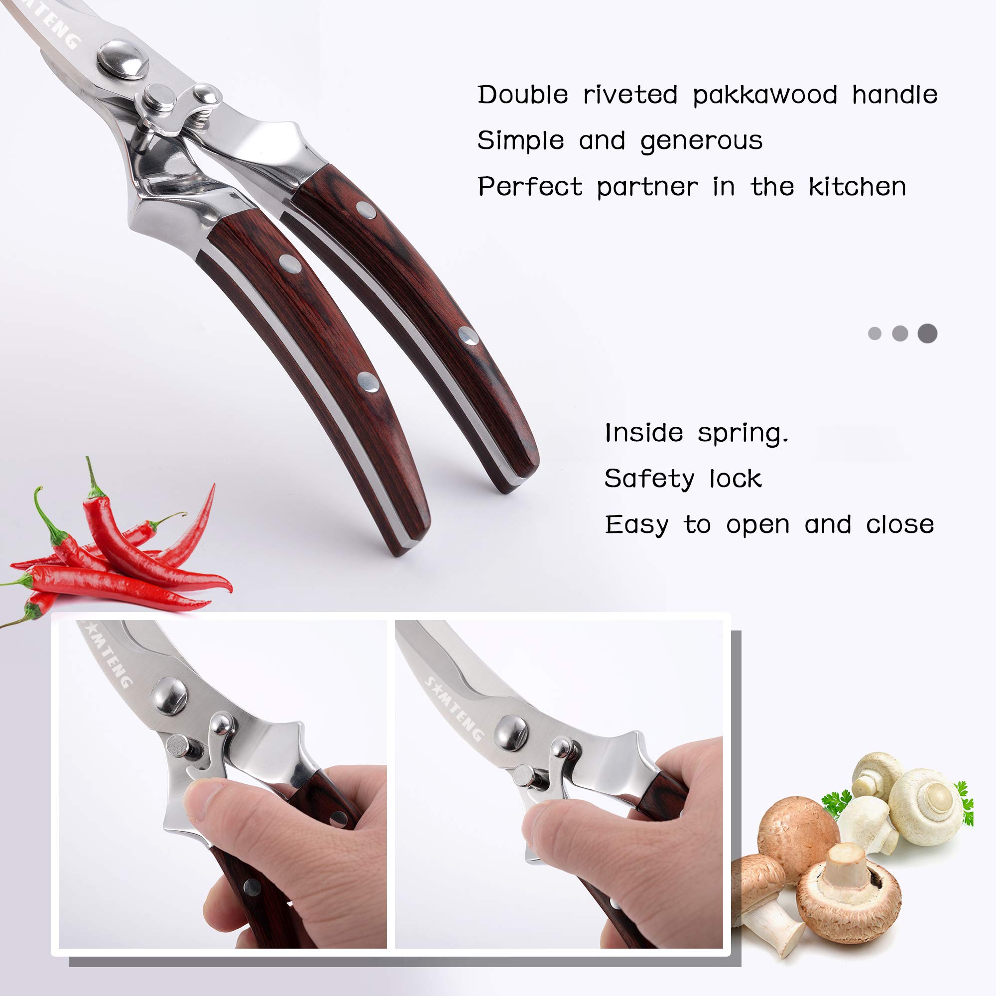 SMTENG sharp Poultry Shears,Good Grips Spring Loaded Poultry Scissors, Heavy Duty Kitchen Shears For Meat, Poultry & More, Multipurpose Kitchen Scissors with Pakka wood ox horn handle