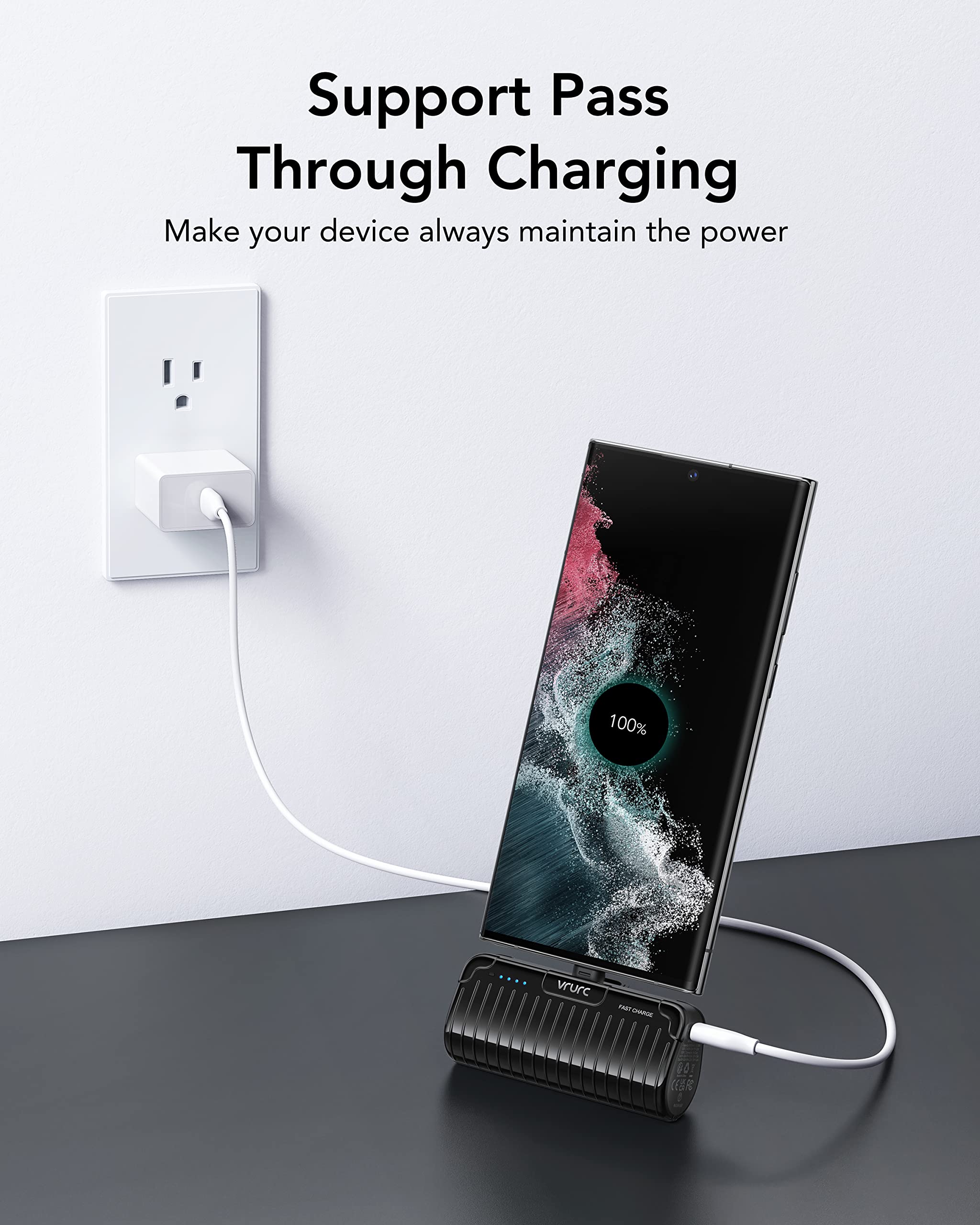 VRURC Mini Portable Charger Fast Charging, Built-in USB C in & Out Connector Power Bank 5000mAh,20W Battery Pack with Foldable Stand for iPhone 15,Samsung, Android Series-Black