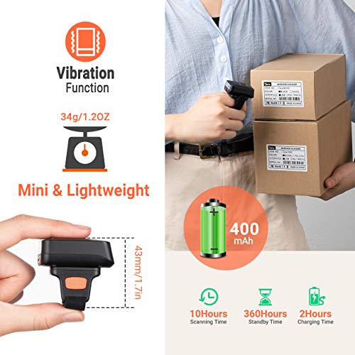 Tera Pro Extreme Performance 1D 2D QR Wireless Ring Barcode Scanner with Bluetooth, Extra Fast Scanning Speed Ultra High Resolution Mini Wearable Finger Bar Code Reader Model HW0010