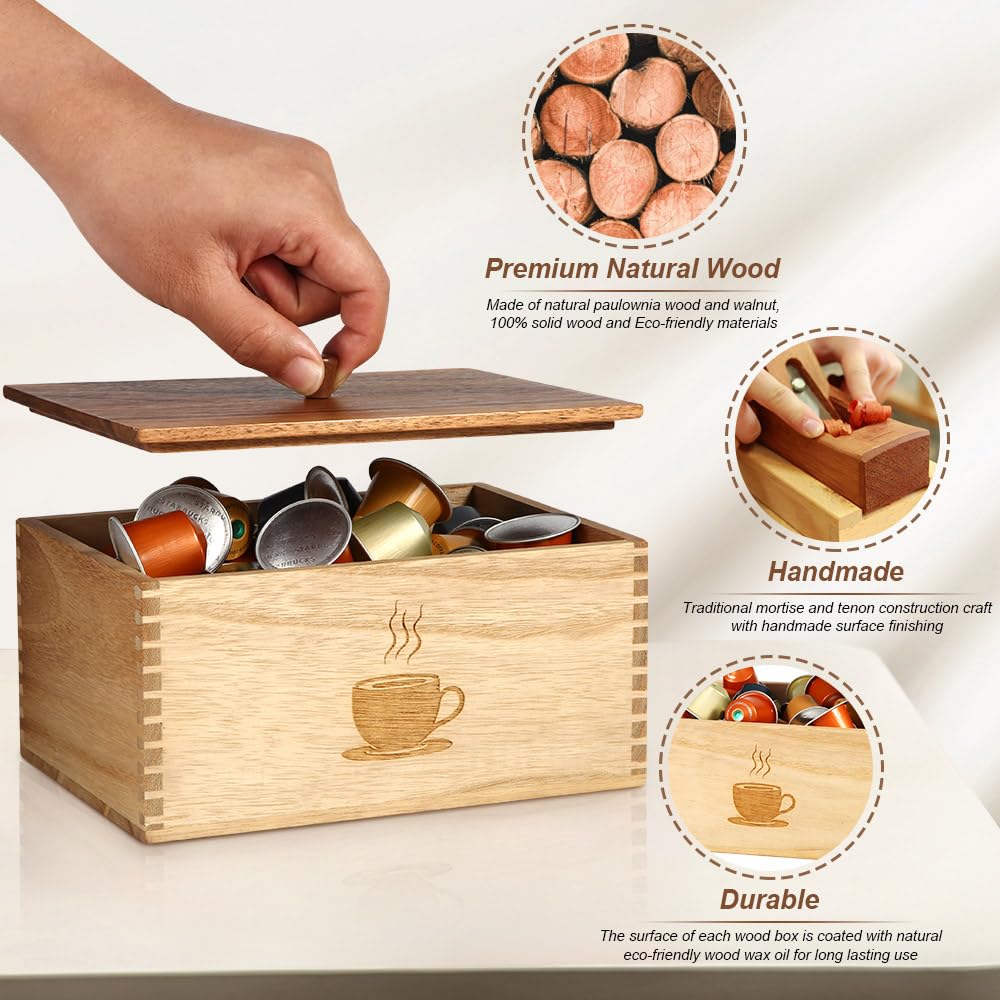 RiLiKar Wood Coffee Pod Holder Storage Box Organizer with Lid Large Capacity Coffee Station Organizer for Countertop Modern Coffee Storage Container Coffee Bar Accessories Organizer (Rectangle)