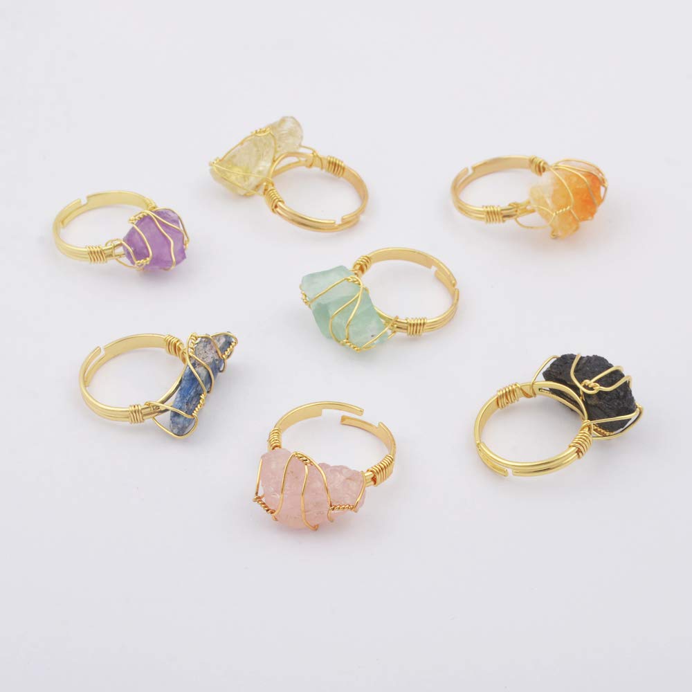 ZENGORI Irregular Natural Stone Healing Crystal Black Tourmaline Wire Wrapped Adjustable Ring WX1796-BK