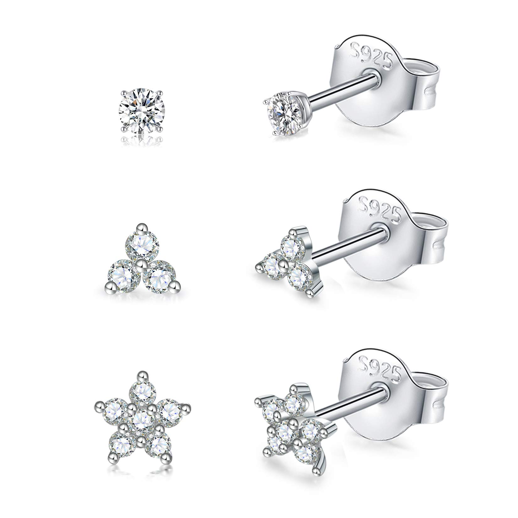 Sterling Silver Stud Earrings for Women, 3 Pairs Tiny Flower Earrings Set, Small Cubic Zirconia Helix Earrings Dainty Tragus Cartilage Studs Cherry Blossom Ear Piercing Jewelry Gifts for Teens