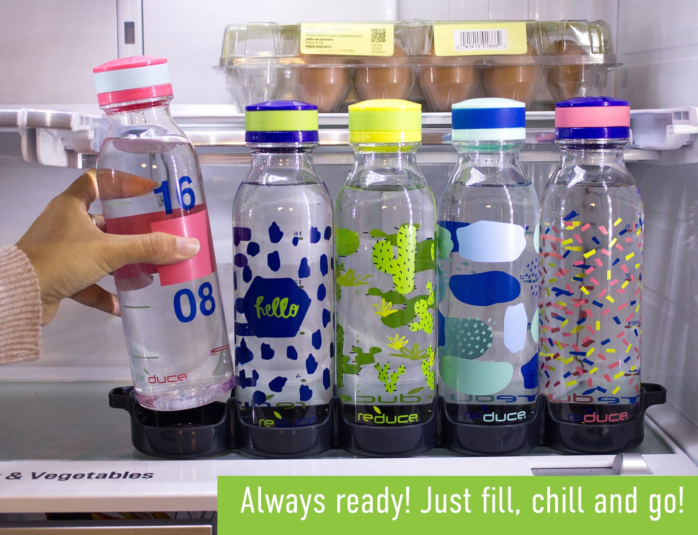 Reduce WaterWeek Reusable Water Bottle Set, 20oz β Plastic Reusable Water Bottle Set of 5, Plus Fridge Tray β BPA-Free, Leak Proof Twist Off Cap β Bliss