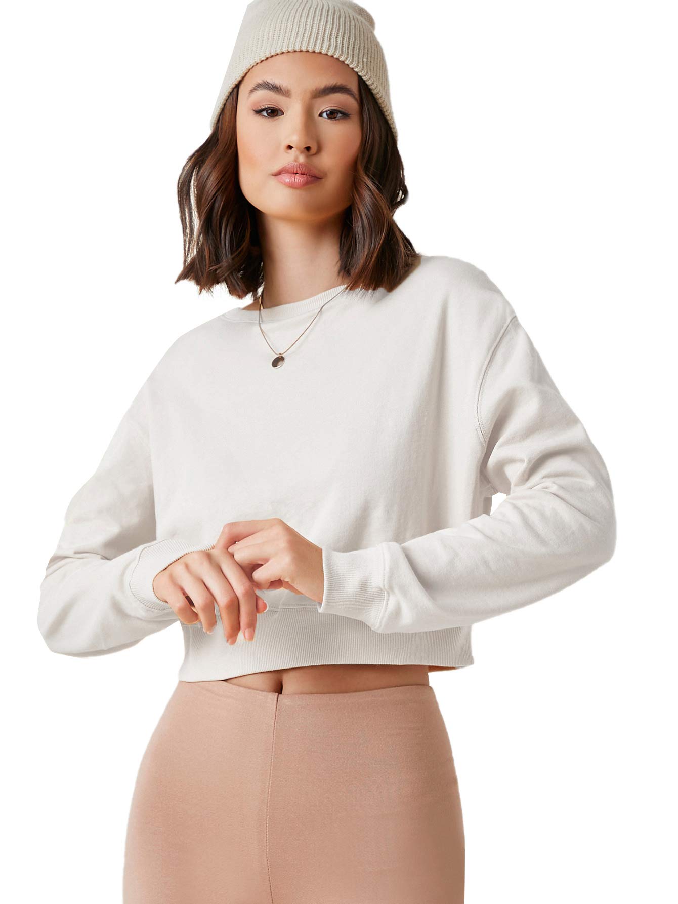 Verdusa Women's Basic Casual Long Sleeve Round Neck Crop Top Pullover Sweatshirt White M