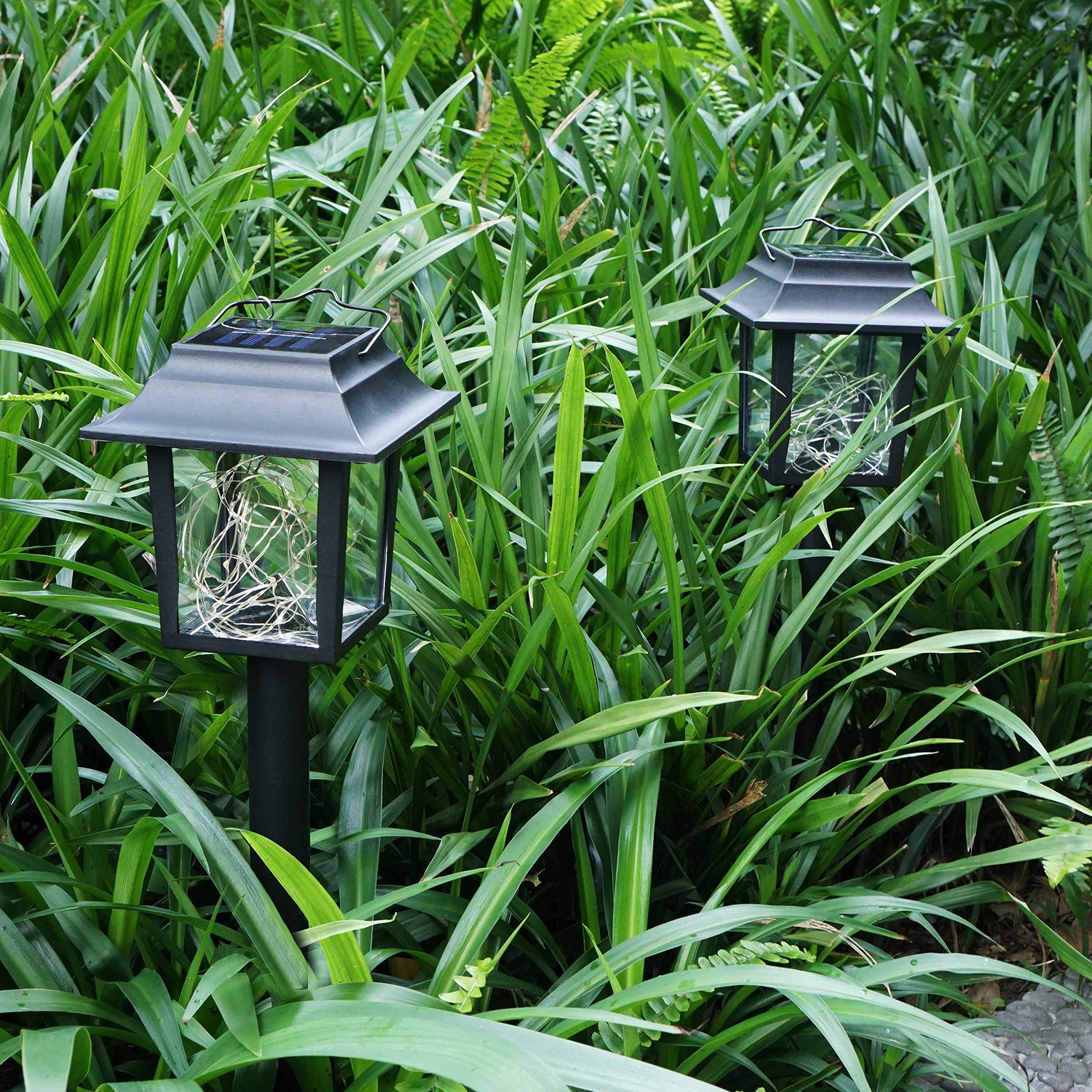 Solar Outdoor Lantern, Waterproof Hanging Solar Lantern with Fairy Copper String Lights for Patio, Garden, Lawn, Pathway (Warm White)
