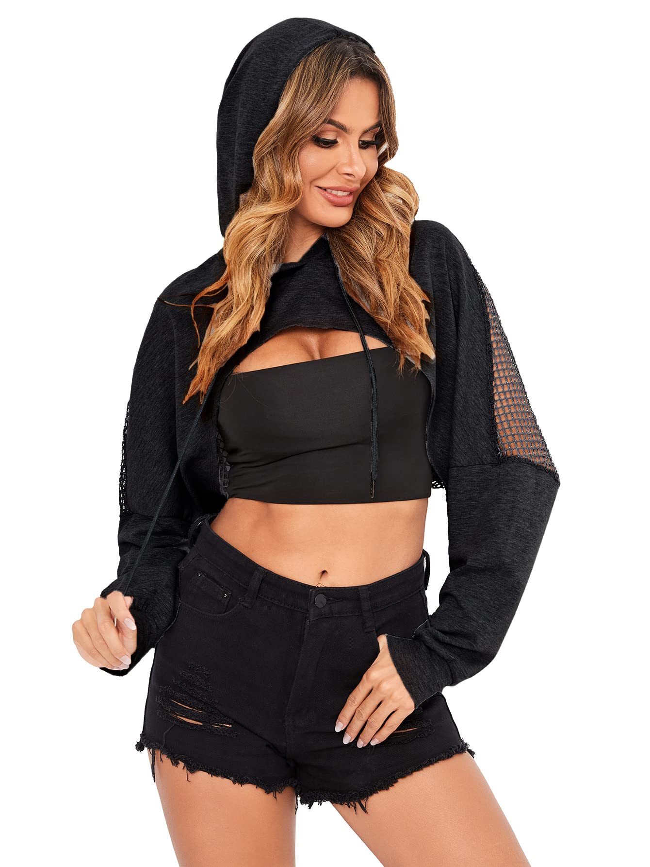 Verdusa Women's Sheer Fishnet Drop Shoulder Drawstring Hoodie Crop Sweatshirt Black L