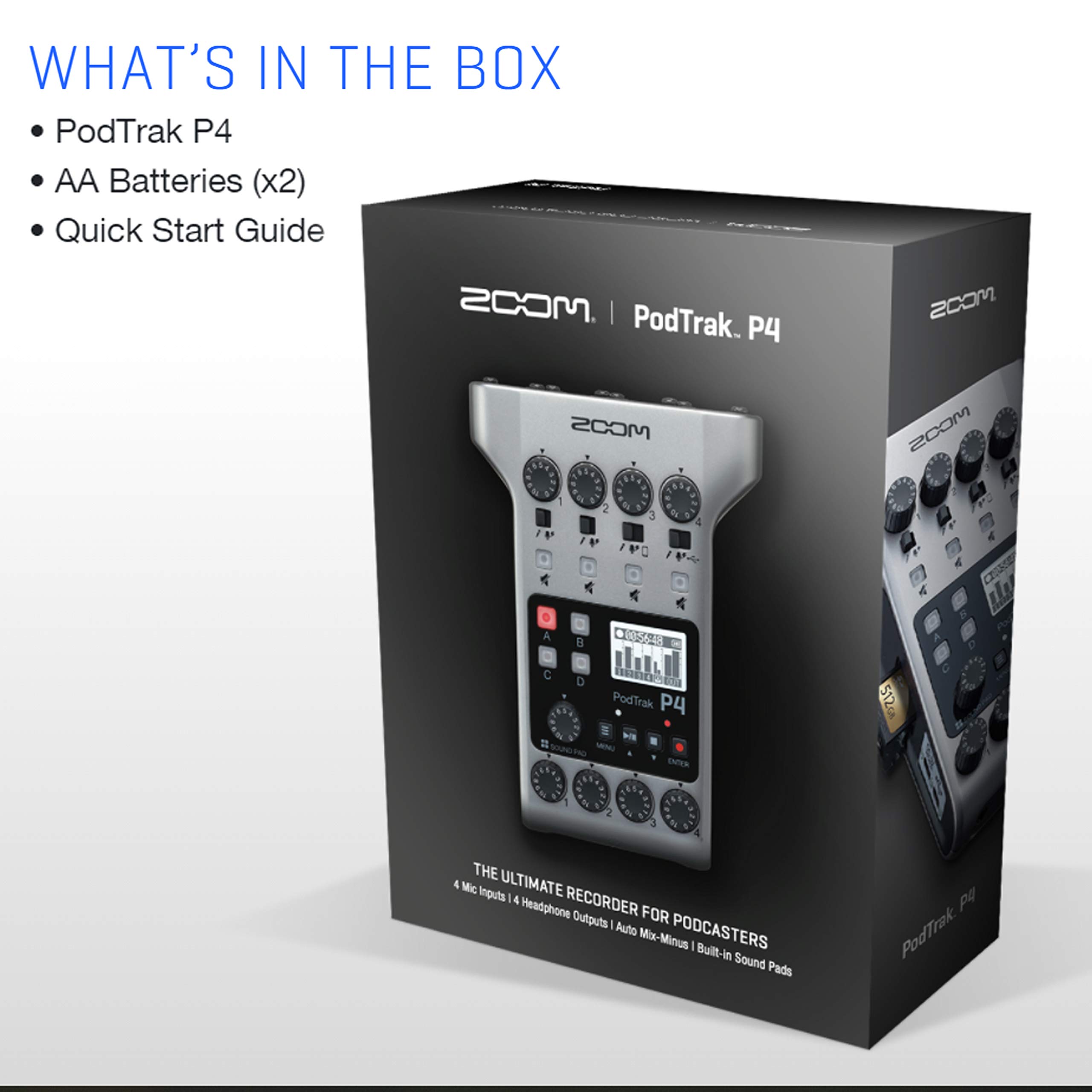 Zoom PodTrak P4 Portable Multitrack Podcast Recorder + 64GB SDXC Memory Card + Dynamic Cardioid Handheld Mic (3-Pack) with Carrying Case + 3X Stereo Headphones + 3X Mic Stand + Batteries and Charger
