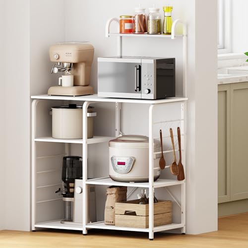 SDHYL Coffee Bar, 35 inch Bakers Rack Microwave Stand with 5 Storage Shelves and Hooks, Kitchen Shelves Organizers Bakers Racks, Microwave Table Coffee Station Table for Home Kitchen Bathroom
