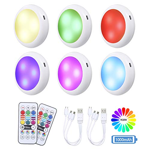 Tomshine LED Rechargeable Puck Lights Wireless Closet Lights with 2 Remote Control, Dimmable Under Cabinet Light 16 Colors 3 Modes with Timer Setting 6 USB Cables 6 Packs