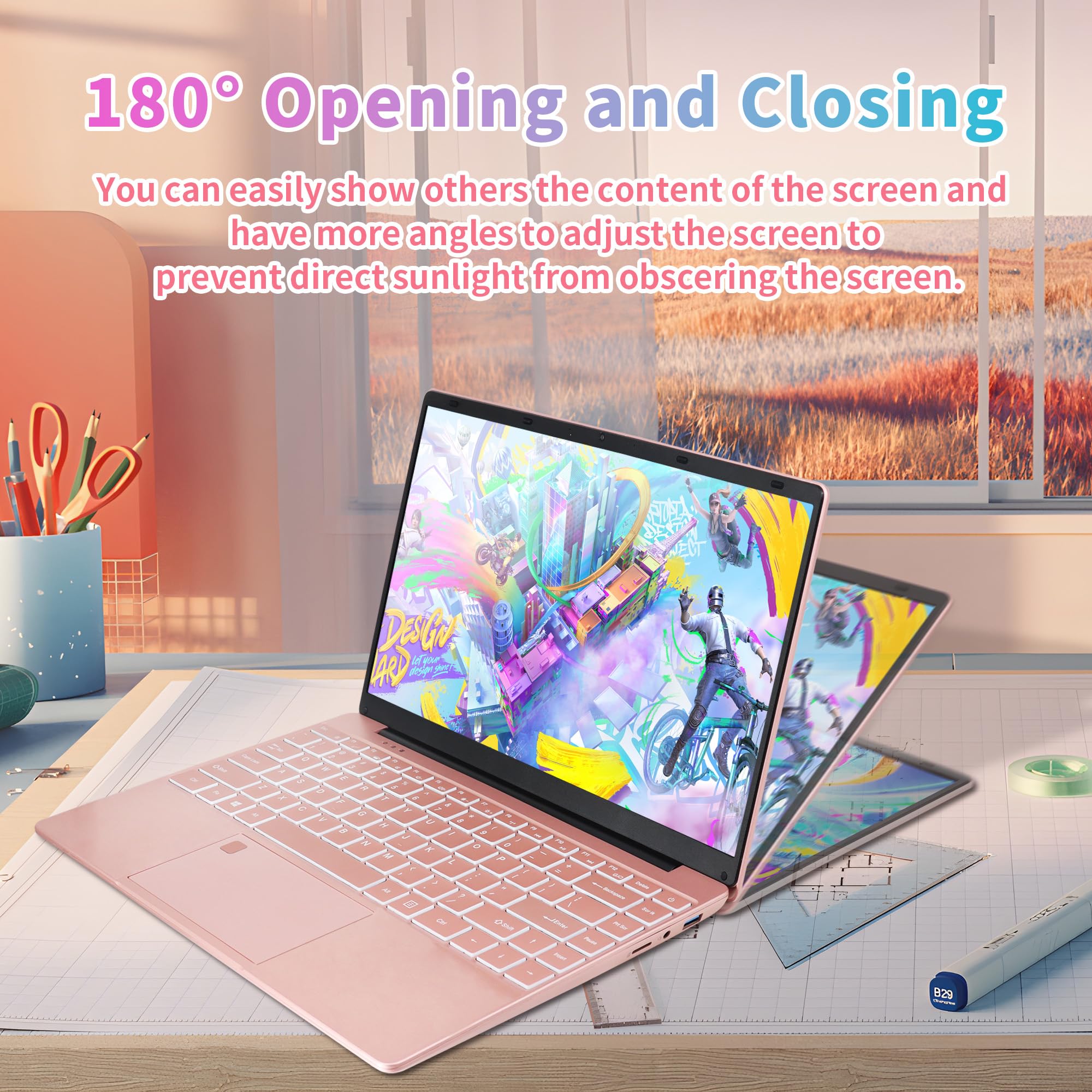 Rumtuk 【Win 11 Pro/Office 2019】4K Laptop 14'' Narrow Bezel UHD (3840x2160) IPS Display,Celeron N5095 CPU,16GB RAM,256GB SSD,Color Backlit KB,Fingerprint Reader,WIFI,Bluetooth,HDMI,Rose Gold(16G+256G)
