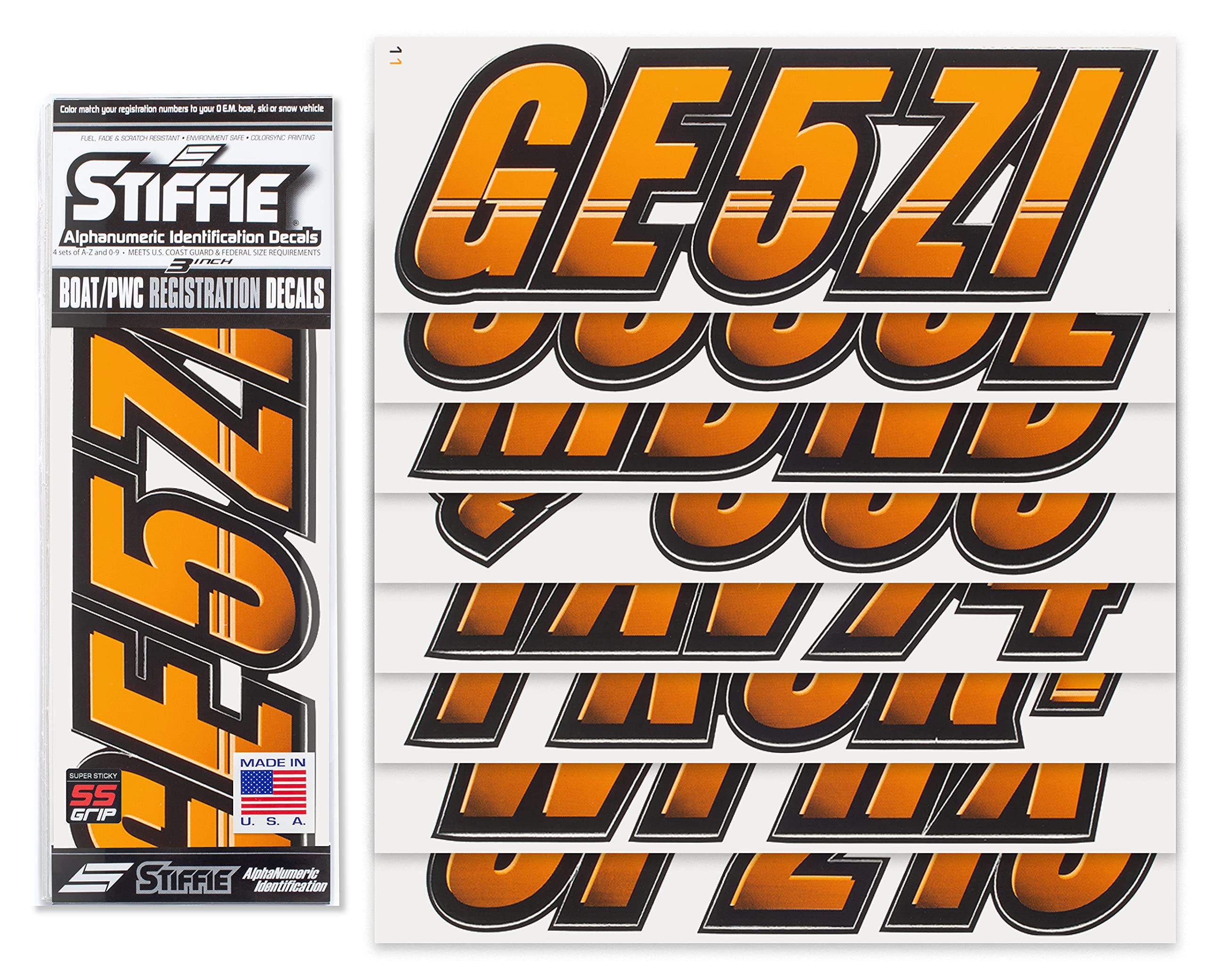 STIFFIE Techtron Orange Crush/Black SUPER STICKY 3" Alpha Numeric Registration Identification Numbers Stickers Decals for Sea-Doo SPARK, Inflatable Boats, RIBs, Hypalon/PVC, PWC and Boats.