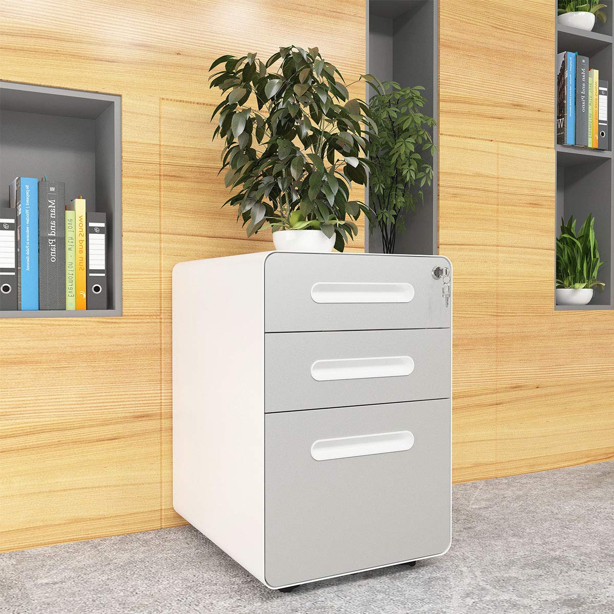 YITAHOME 3-Drawer Rolling File Cabinet, Metal Mobile File Cabinet with Lock, Filing Cabinet Under Desk fits Legal/A4 Size for Home/Office, Fully Assembled-Gray and White