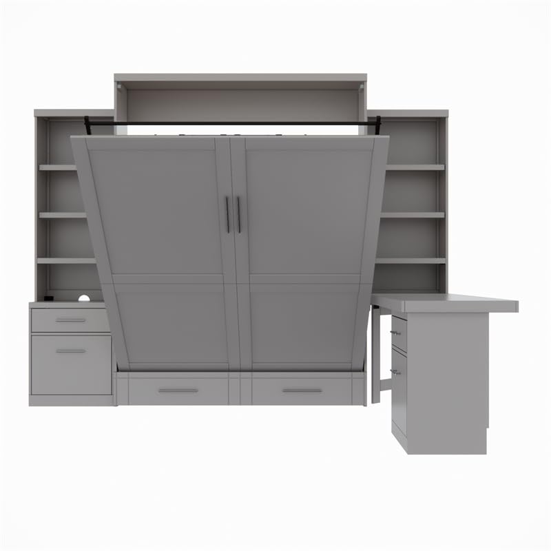 RoomAndLoft Queen Size Murphy Wall Bed in Solid Wood, with Storage and Shelves in Gray, No Box Spring Needed, Easy Assembly, Up to weight capacity