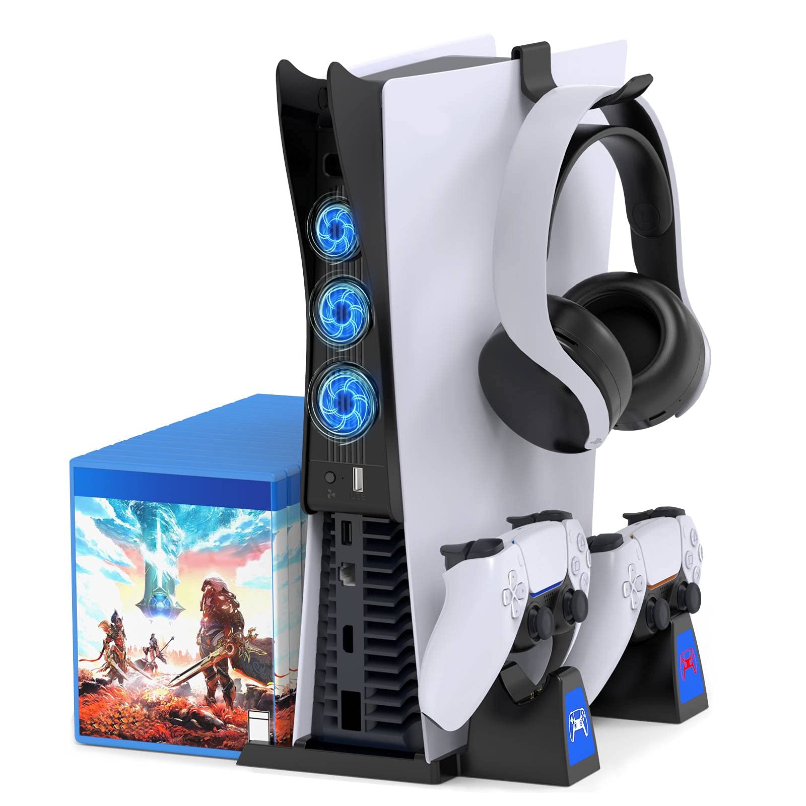 Vertical Stand Cooling Fan for PS5 - Dual Controller Fast Charger Station Detached Cooling Fan w/Headset Holder - 2in1 Triple USB Cooler Fan Fast Charging & 2 USB Port, for PS5 DE&UHD DualSense