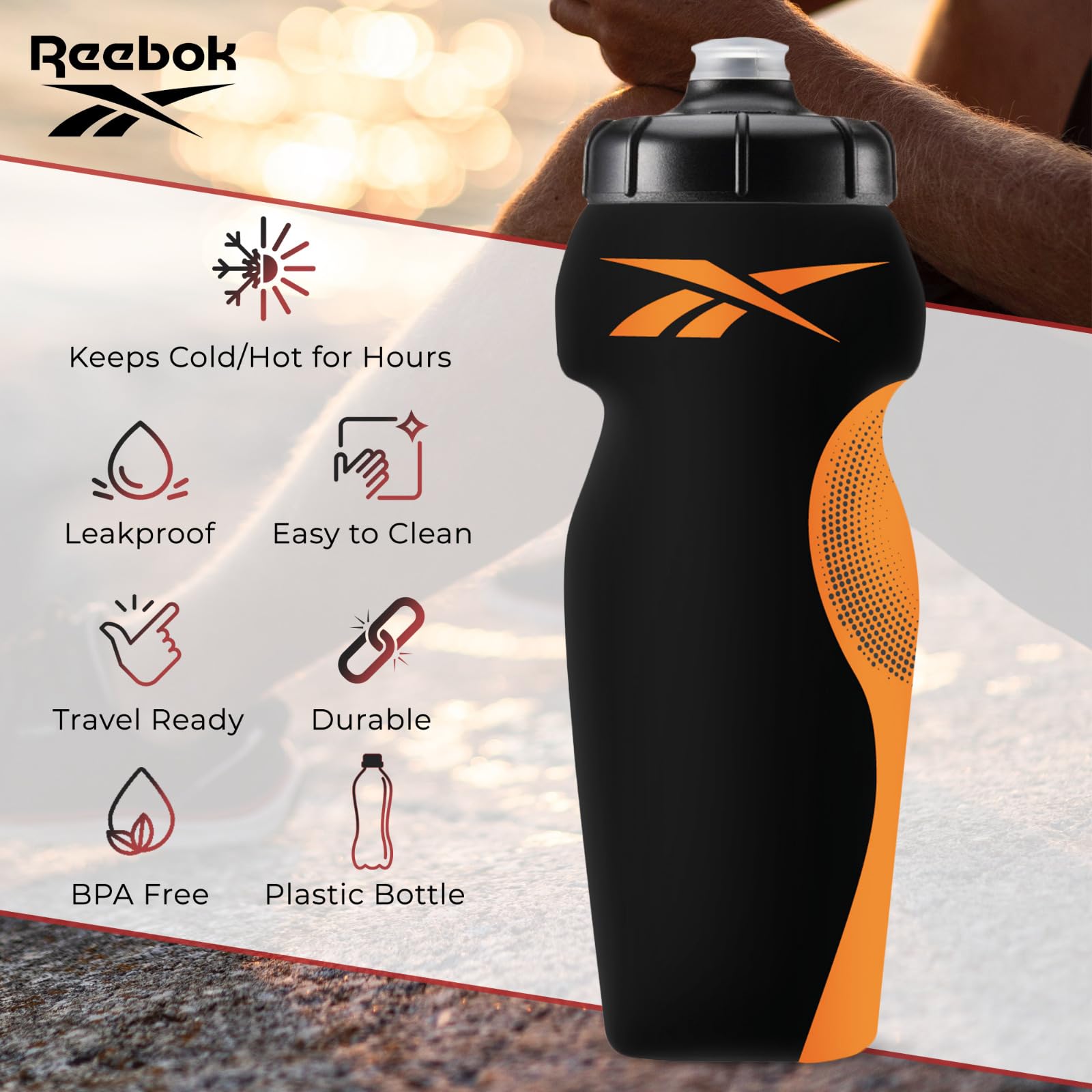 Reebok Squeeze Water Bottles With Athletic Design - Water Bottle 24 oz - Sports Water Bottle - Reusable Water Bottle For Gym, Running, Hiking etc, BPA Free (Navy)