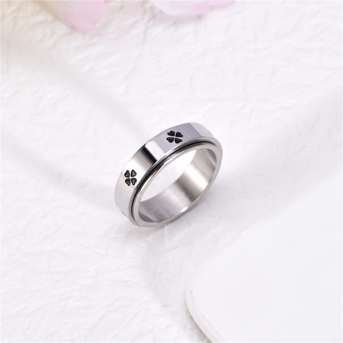 yomlry Fidget Ring Stainless Steel Four-leaf Clover Spinner Ring for Anxiety Stress Relieving Rotating Ring for Men Women clover 9