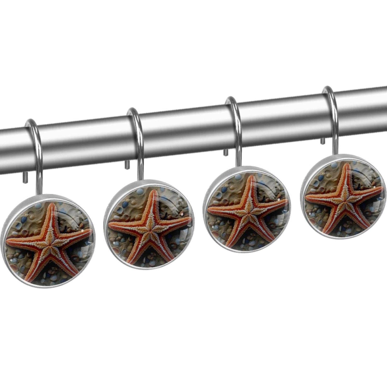 Shower Curtain Hooks Set of 12,Ocean Beach Sea Starfish,Shower Curtain Ring Crystal Glass Bathroom Hook