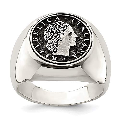 Sterling Silver Polished with Antiqued Replica 50 Lire Italian Coin Ring style QR6832-10