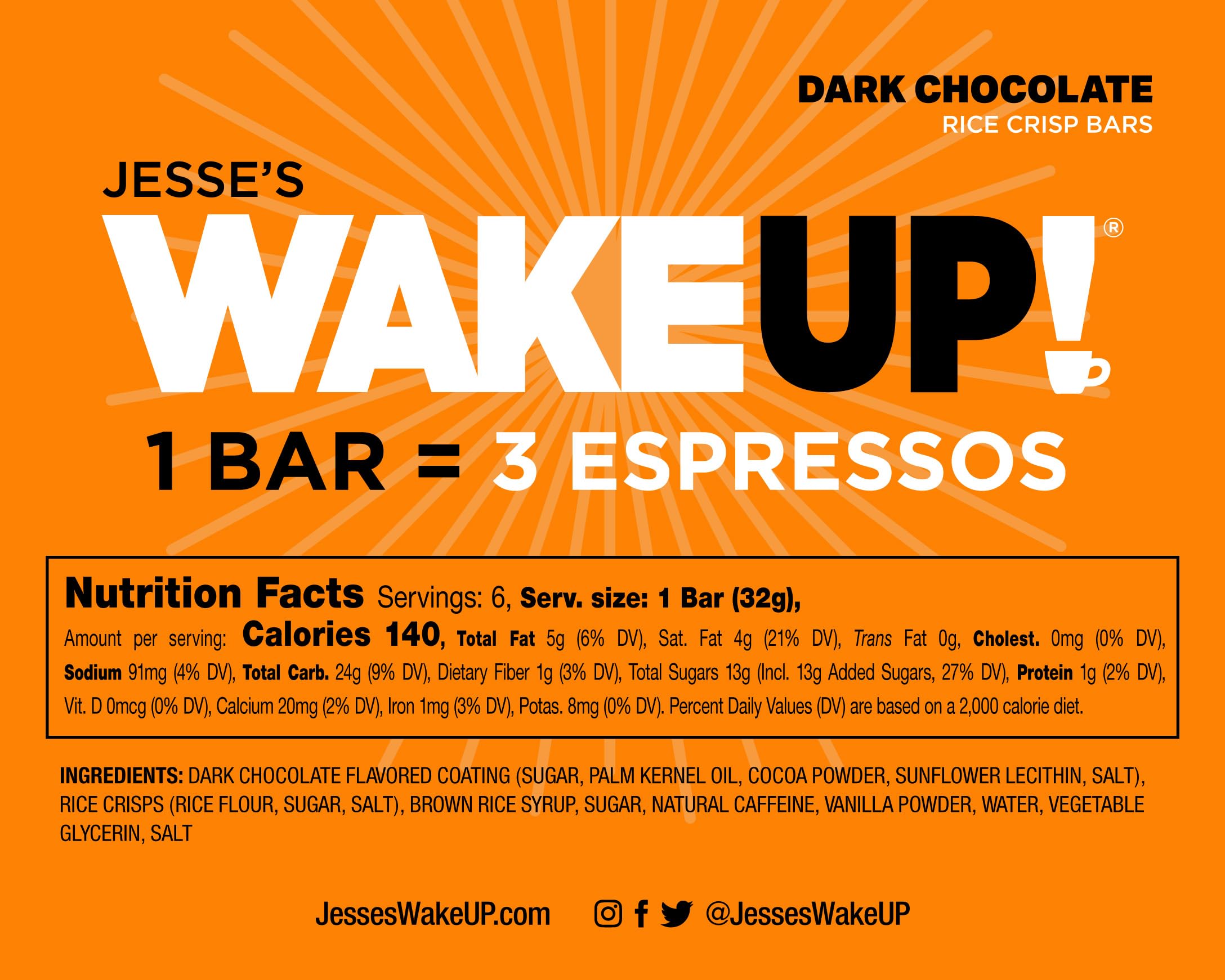 WAKE UP! Caffeinated Chocolate Protein Bars Gluten Free, Vegan, 350mg of Caffeine Energy, Kosher to help Boost Focus and Clarity (1 Bar = 3 Espressos) 6 Pack