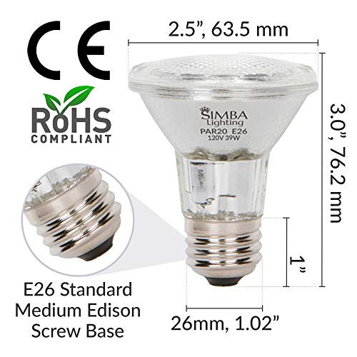 Simba Lighting Halogen PAR20 Light Bulb 39W 39PAR20/FL 30deg Spotlight Dimmable (6-Pack) for Indoor Recessed Can, Range Hood and Outdoor PAR 20, 120V E26 Base, 50W Replacement, 2700K Warm White