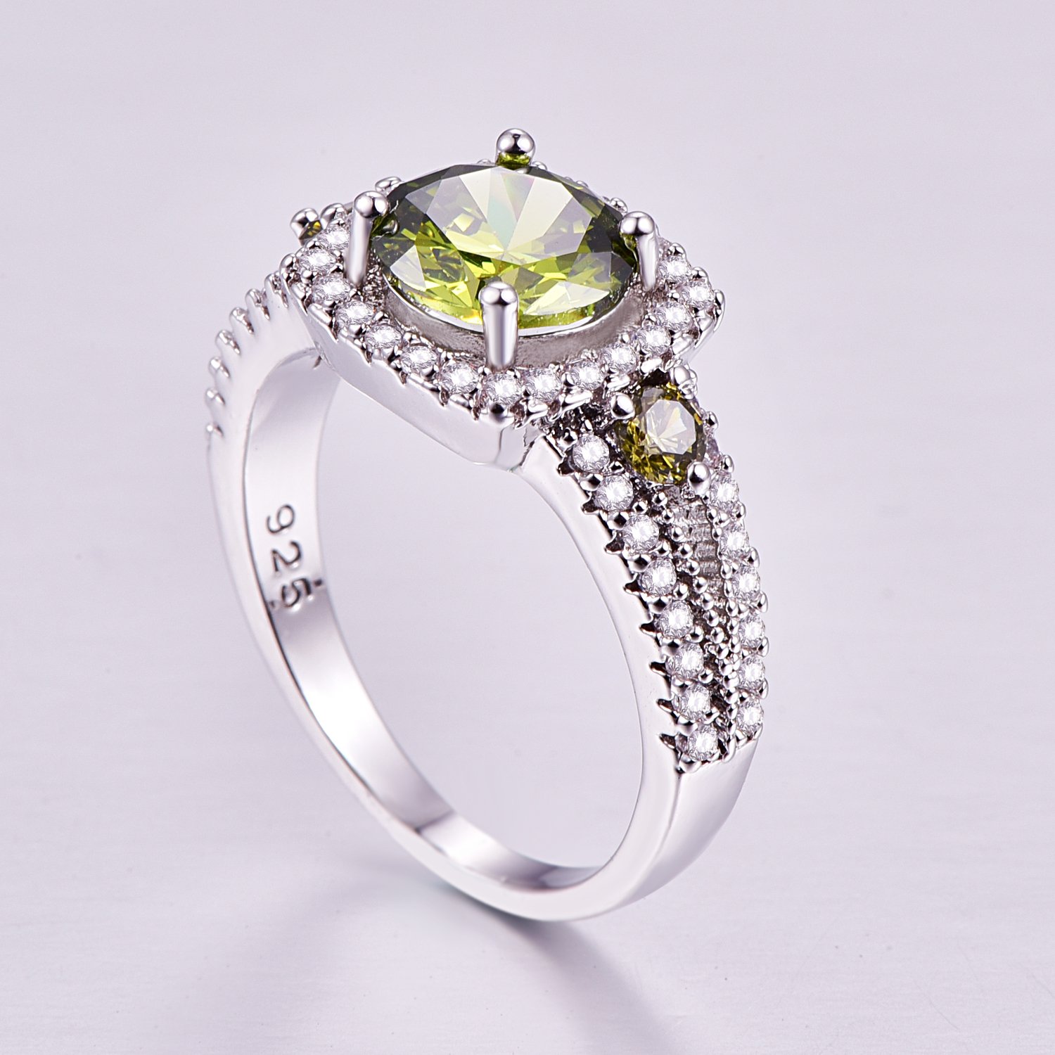 Veunora 925 Sterling Silver Plated 8x8mm Created Peridot Cubic Zirconia Filled Engagement Ring for Women Size 6