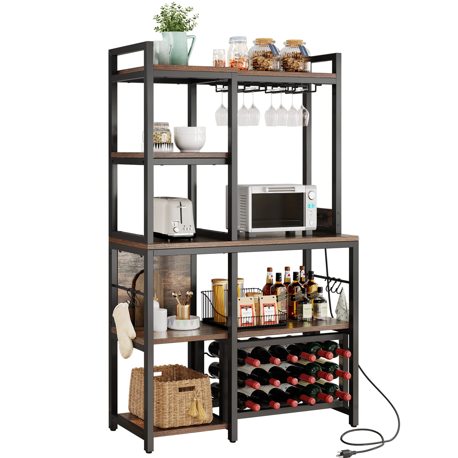 YITAHOME Kitchen Microwave Bakers Stand Wine Rack, Coffee Bar Storage for Liquor Glasses Power Outlet, Wine Rack Freestanding Floor Tall Farmhouse Shelf Dining Room Hutch 35 Inch Large, Rustic Brown