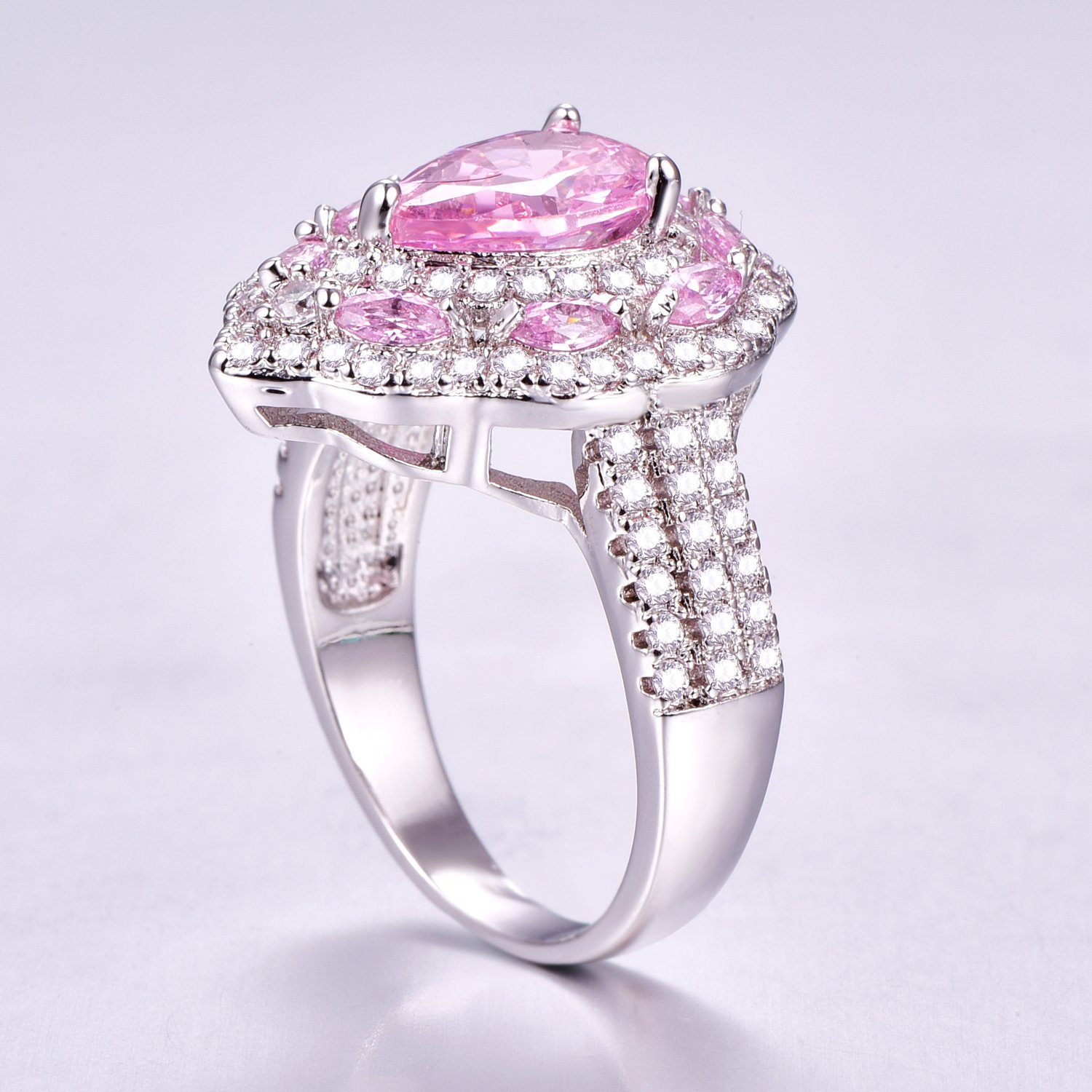 Veunora Gorgeous 925 Sterling Silver Filled 7x10mm Pink Topaz Cubic Zirconia Cluster Cocktail Ring for Women Size 9