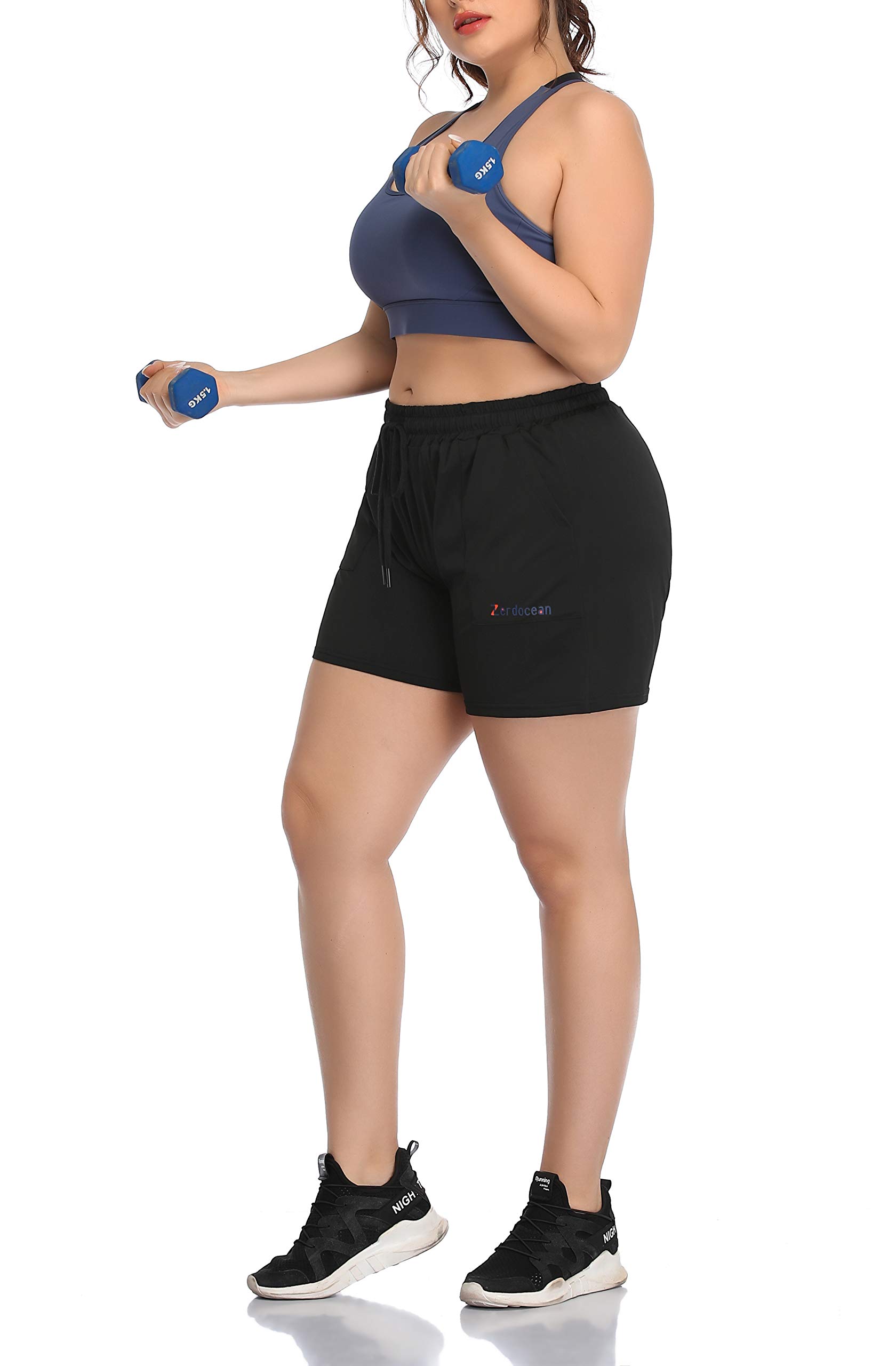 ZERDOCEAN Women's Plus Size Fitness Running Sports Shorts Gym Athletic Shorts Drawstring Waist Two Side Pockets Gray 3X