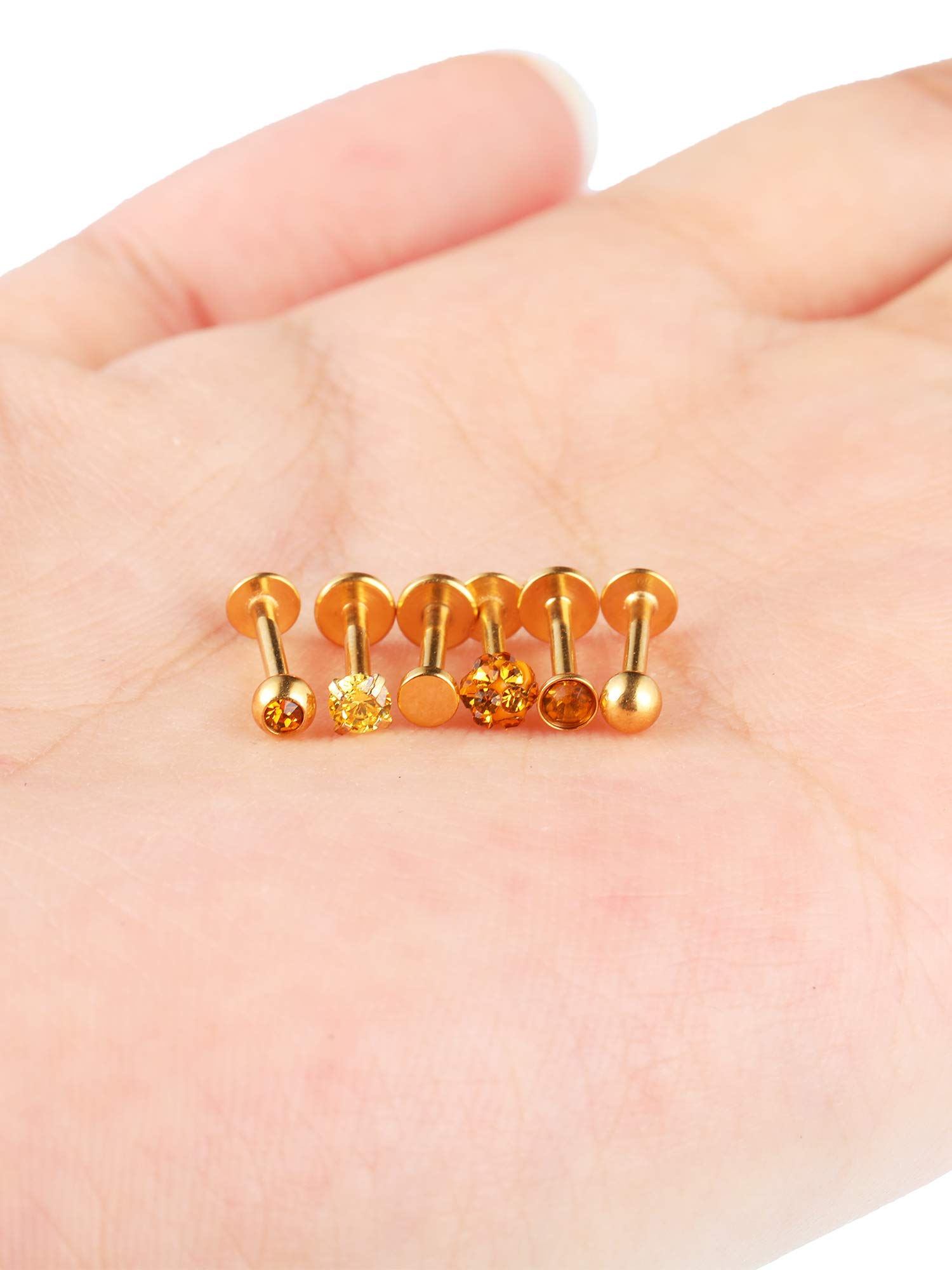 Sumind Nose Studs 16G tragus piercing jewelry Tragus Earrings Lip Rings Diamond Crystal Stainless Steel Labret Bars Body Piercing Jewelry, 6 Designs(Gold)