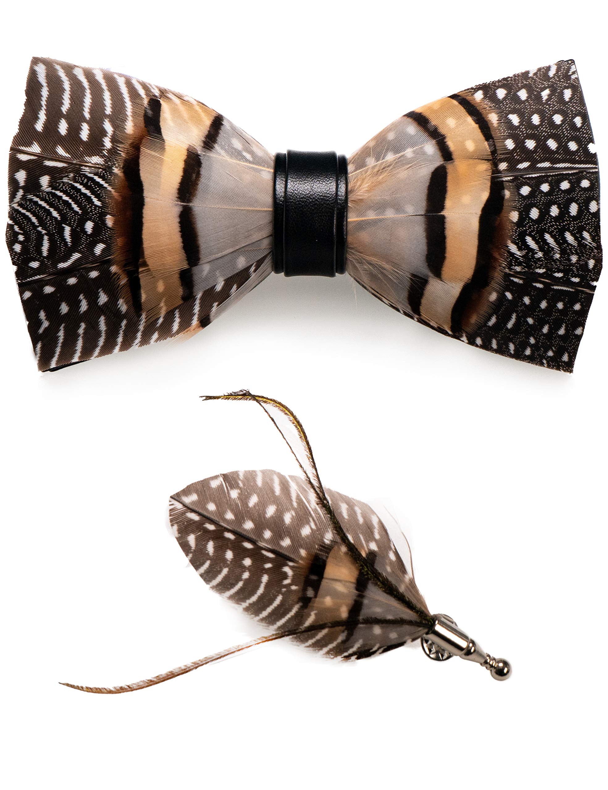 RBOCOTT Leather Feather Handmade Pre-tied Bow tie and Brooch Sets for Men(2)