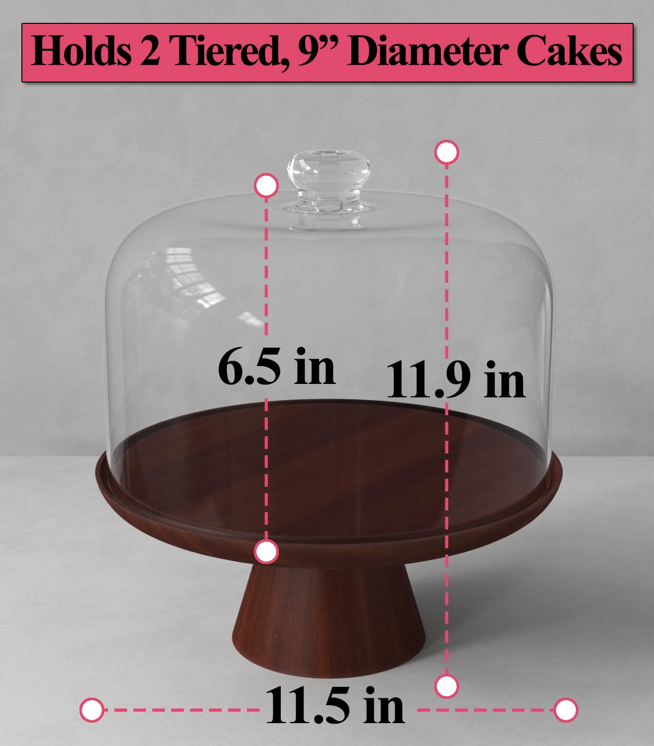 Wood Cake Stand with Dome - 11.5"D Wooden Cake Stand with Acrylic Shatterproof Dome - Cake Display Stand with Cover - Covered Cake Stand with Lid - Pastry Stand with Dome - Large Cake Stand with Cover