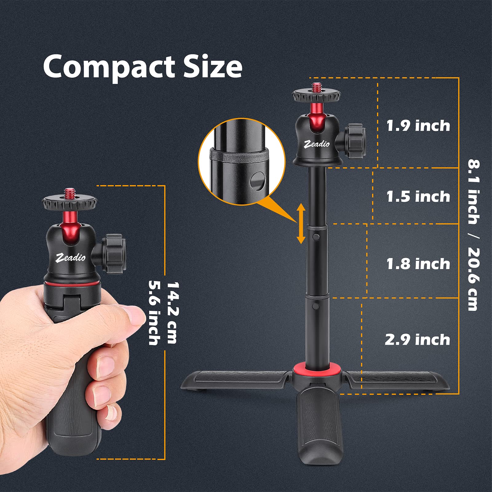 Zeadio Flexible Mini Tripod, 3 Section Adjustable Height Compact Tripod Integrated Metal Ball Head Mount for Action Camera Smartphones with 1/4" Thread Hole