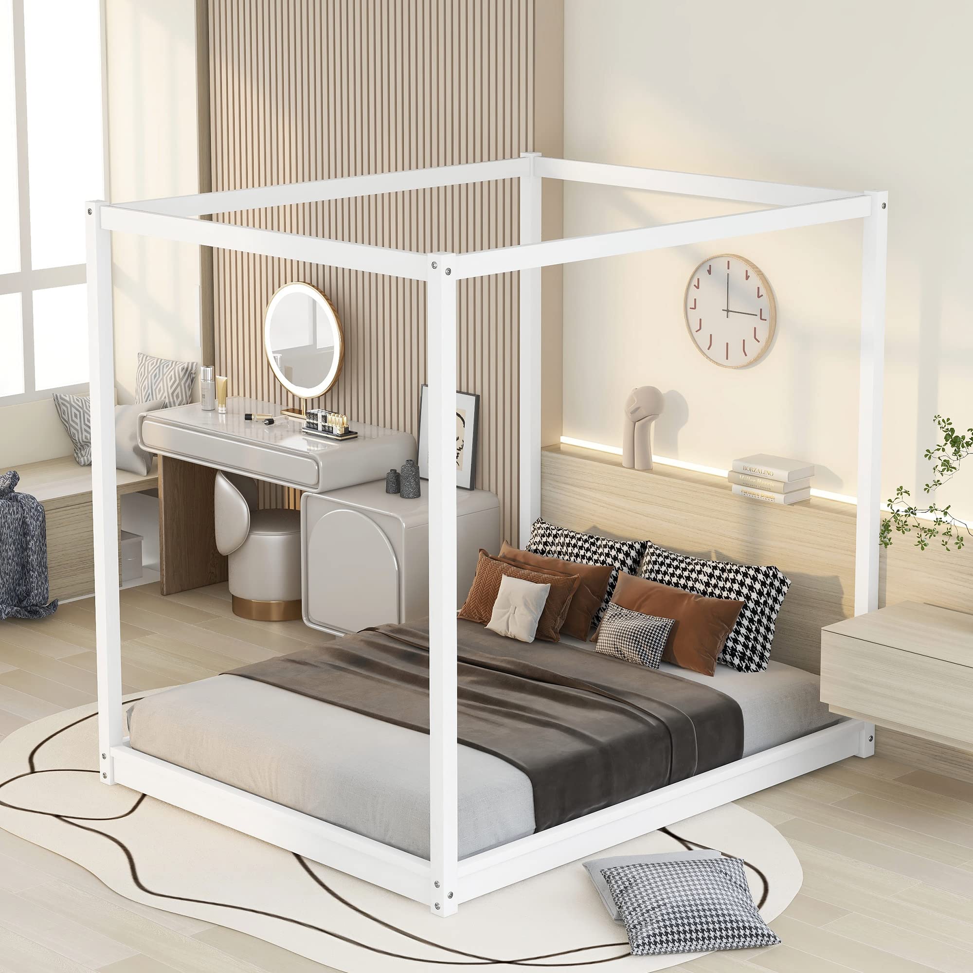 Prohon King Canopy Bed without Headboard, Montessori Floor Bed Wooden Canopy Bed Frame, King Size Platform Bed for Kids, Teen, Adults, No Box Spring Needed, Easy to Install, White